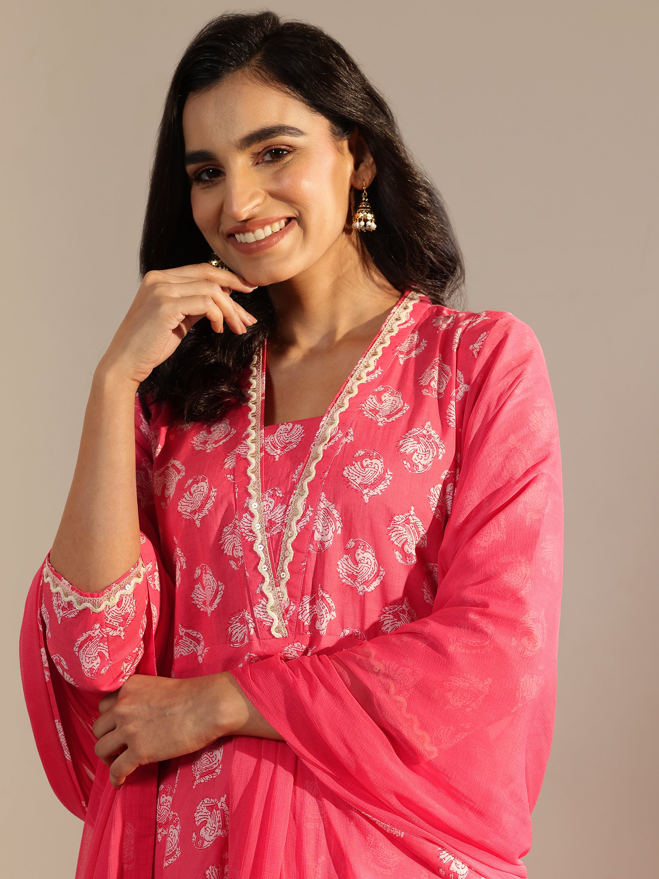 Buy Peach Printed Cotton Anarkali Suit Set With Dupatta Online at $34.00 | Libas