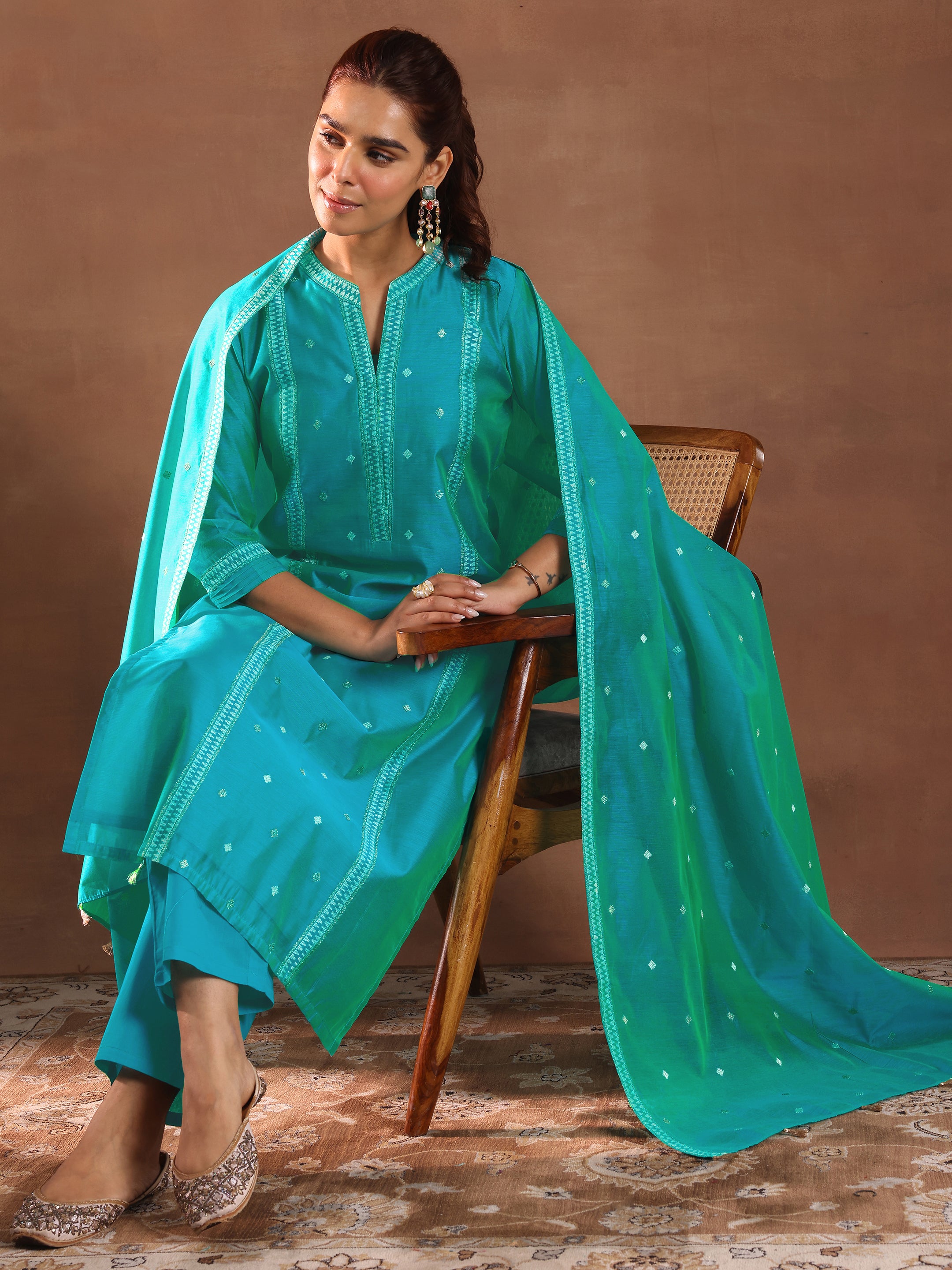 Buy Turquoise Blue Woven Design Chanderi Silk Straight Suit With Dupatta Online at $78.00 | Libas
