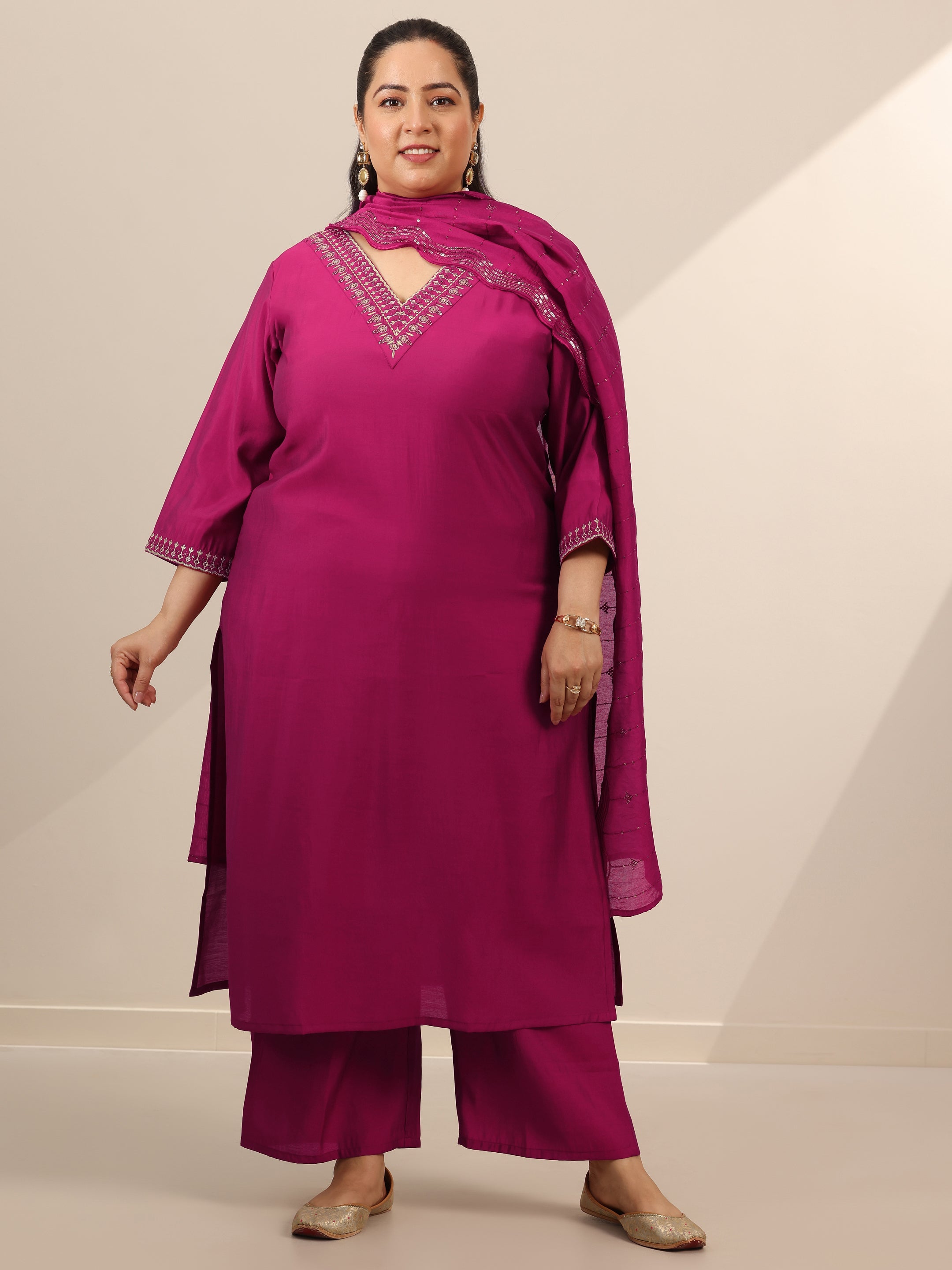 Buy Plus Size Burgundy Yoke Design Silk Blend Straight Suit Set With Dupatta Online at $48.00 ...
