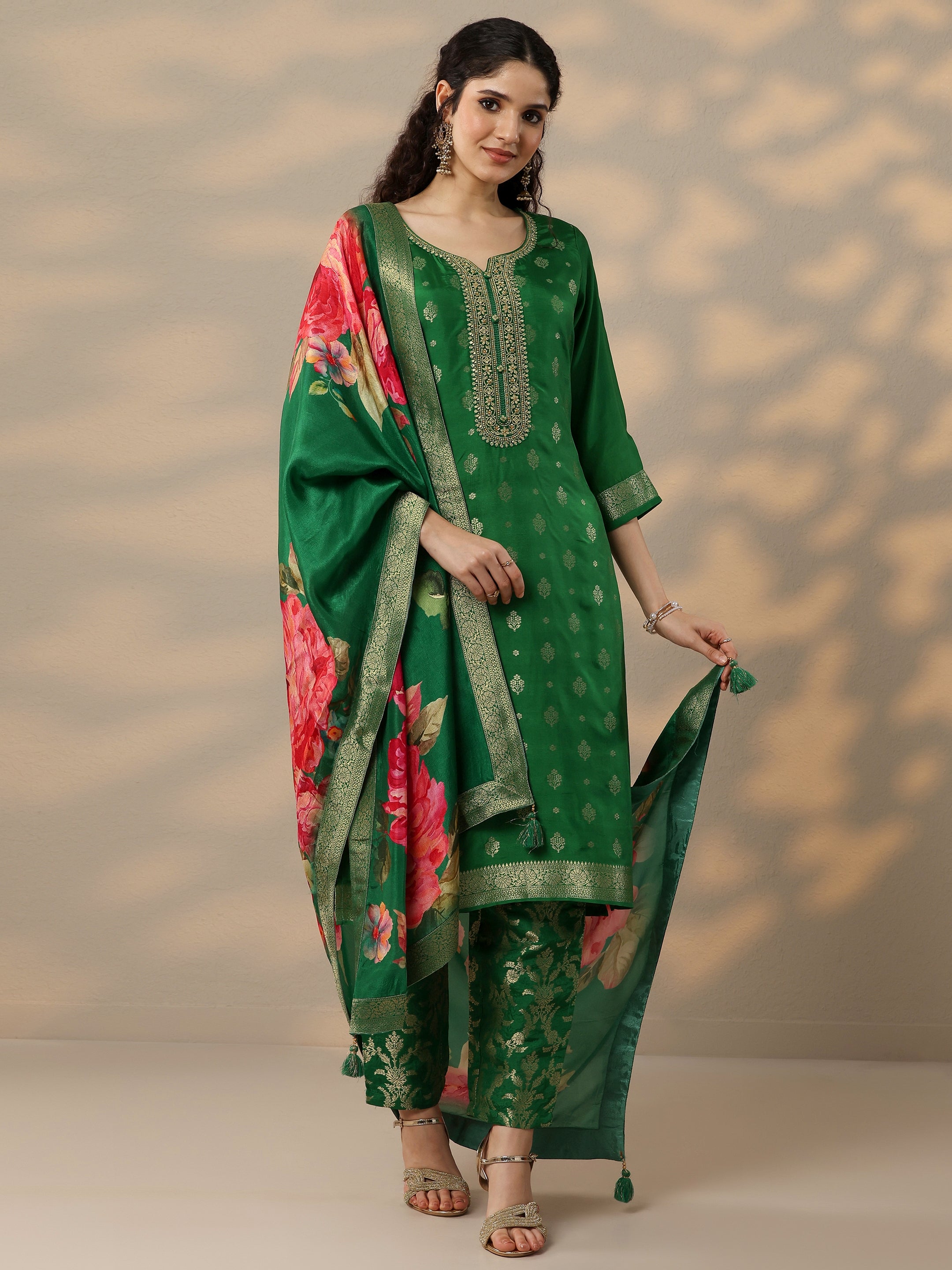 Buy Green Woven Design Silk Blend Straight Suit Set With Dupatta Online at $108.00 | Libas