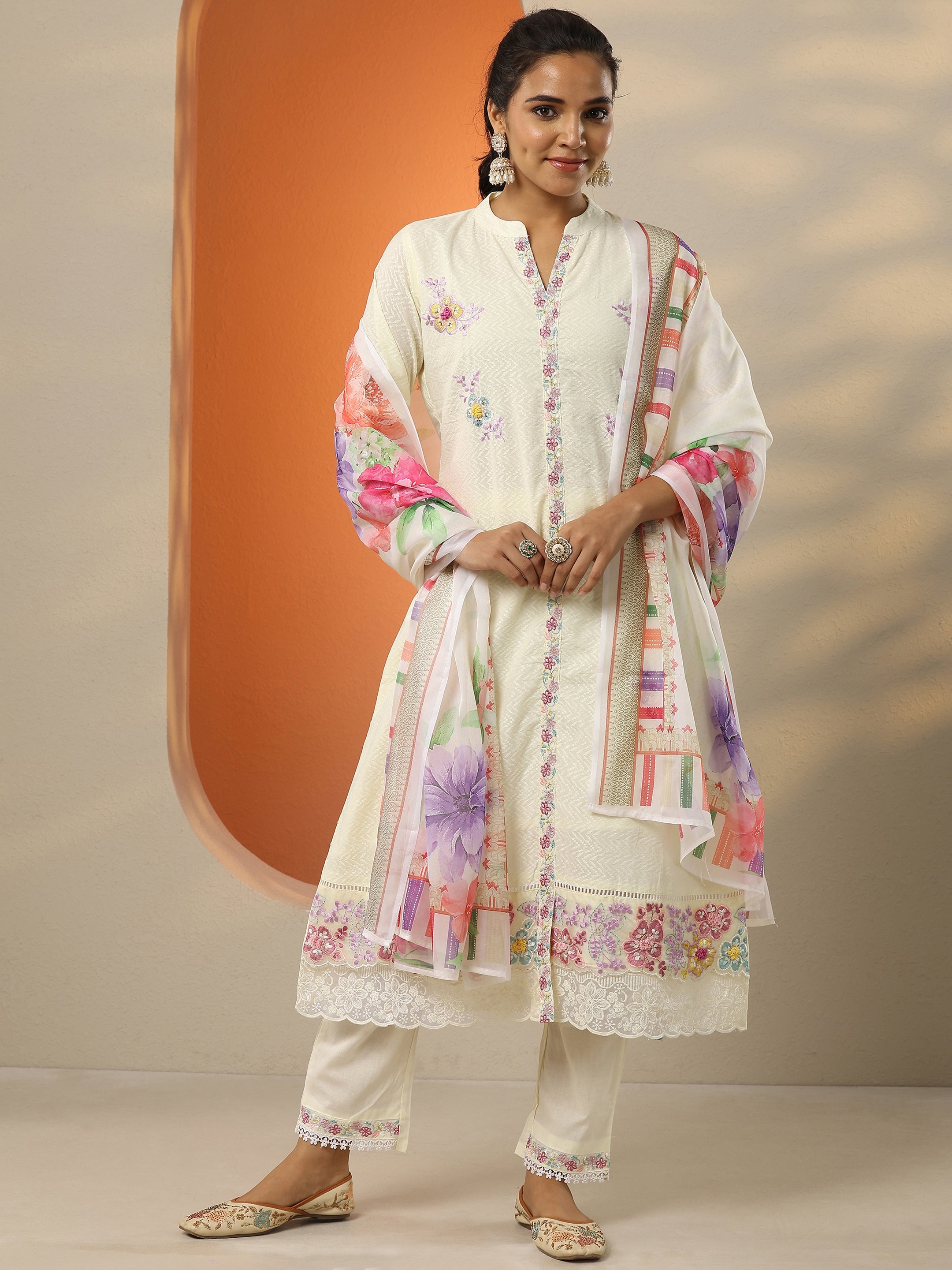 Buy Off White Embroidered Cotton Straight Suit Set With Dupatta Online ...