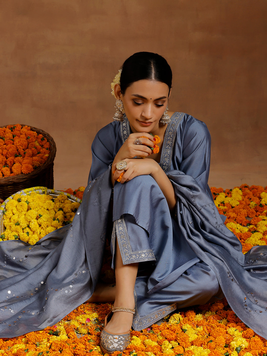 Buy Grey Yoke Design Silk Blend Straight Suit With Dupatta Online | ShopLibas