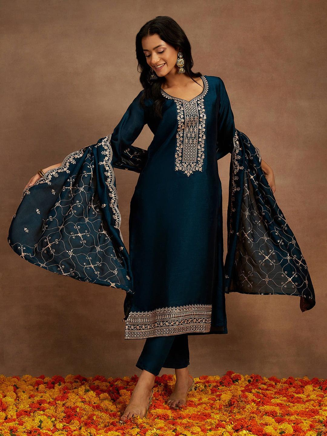 Buy Teal Yoke Design Silk Blend Straight Suit With Dupatta Online at 58.00 USD ShopLibas