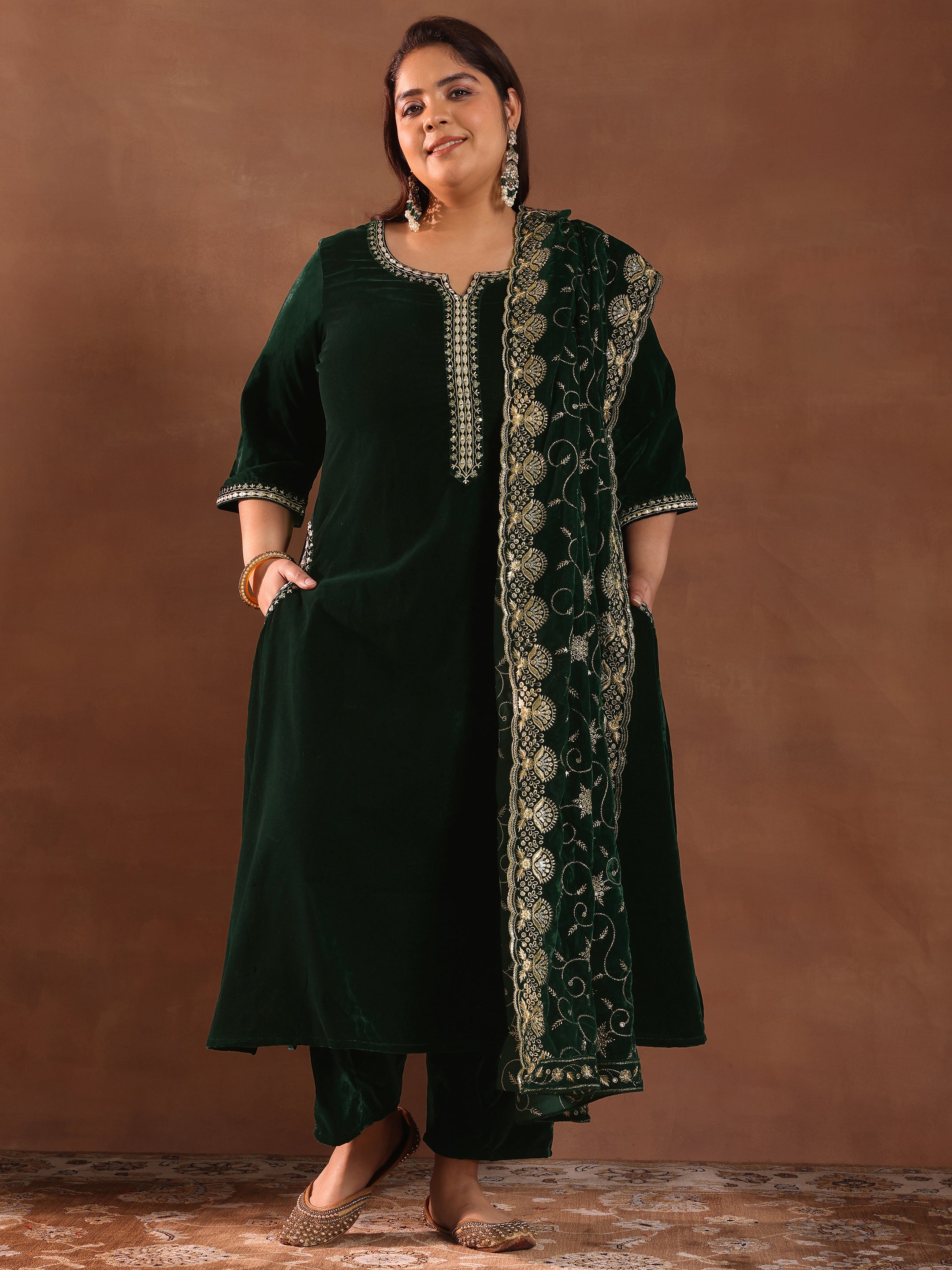 Buy Plus Size Green Yoke Design Velvet Straight Suit Set With Dupatta ...