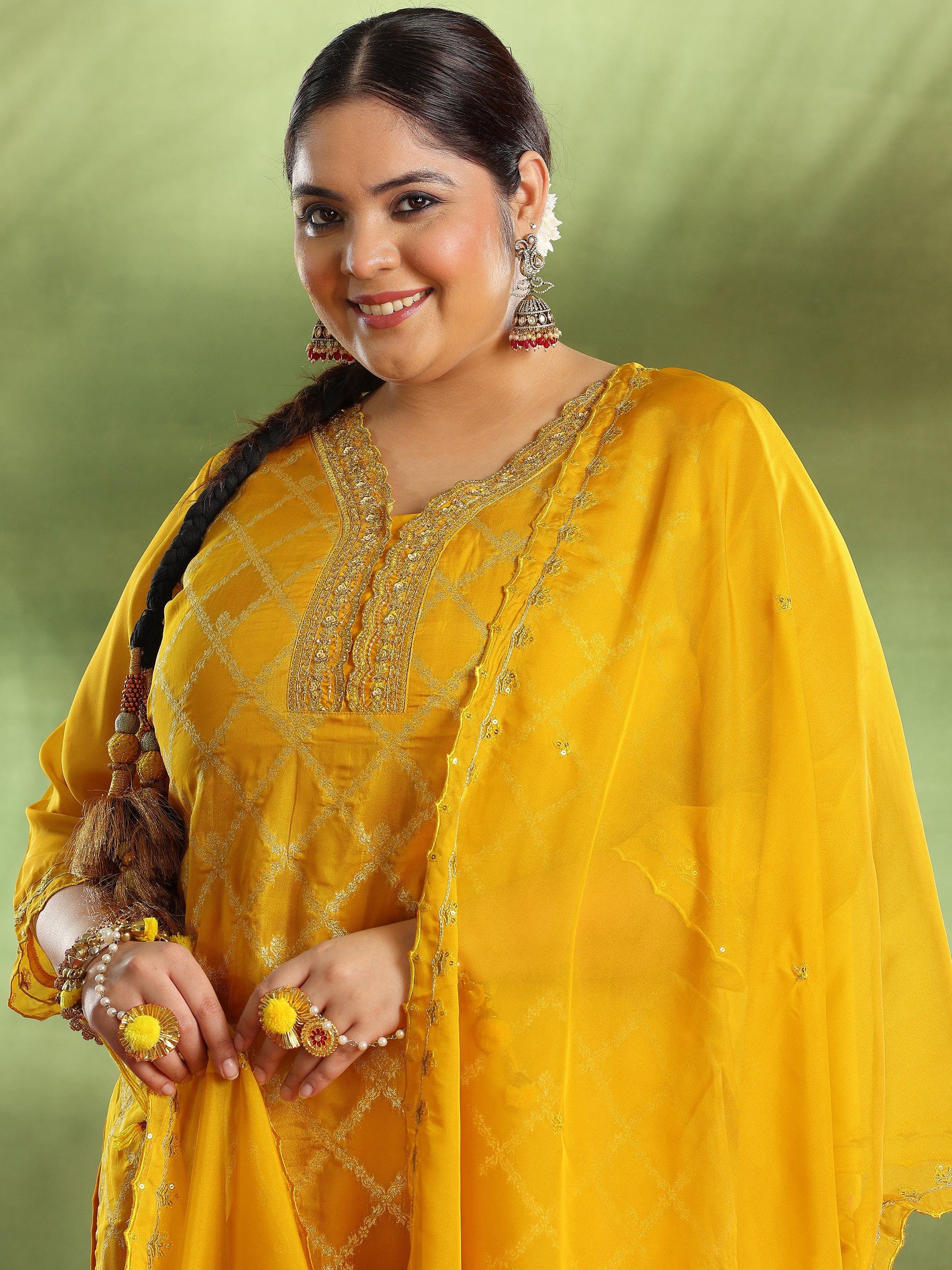 Buy Plus Size Yellow Woven Design Organza Straight Suit With Dupatta ...