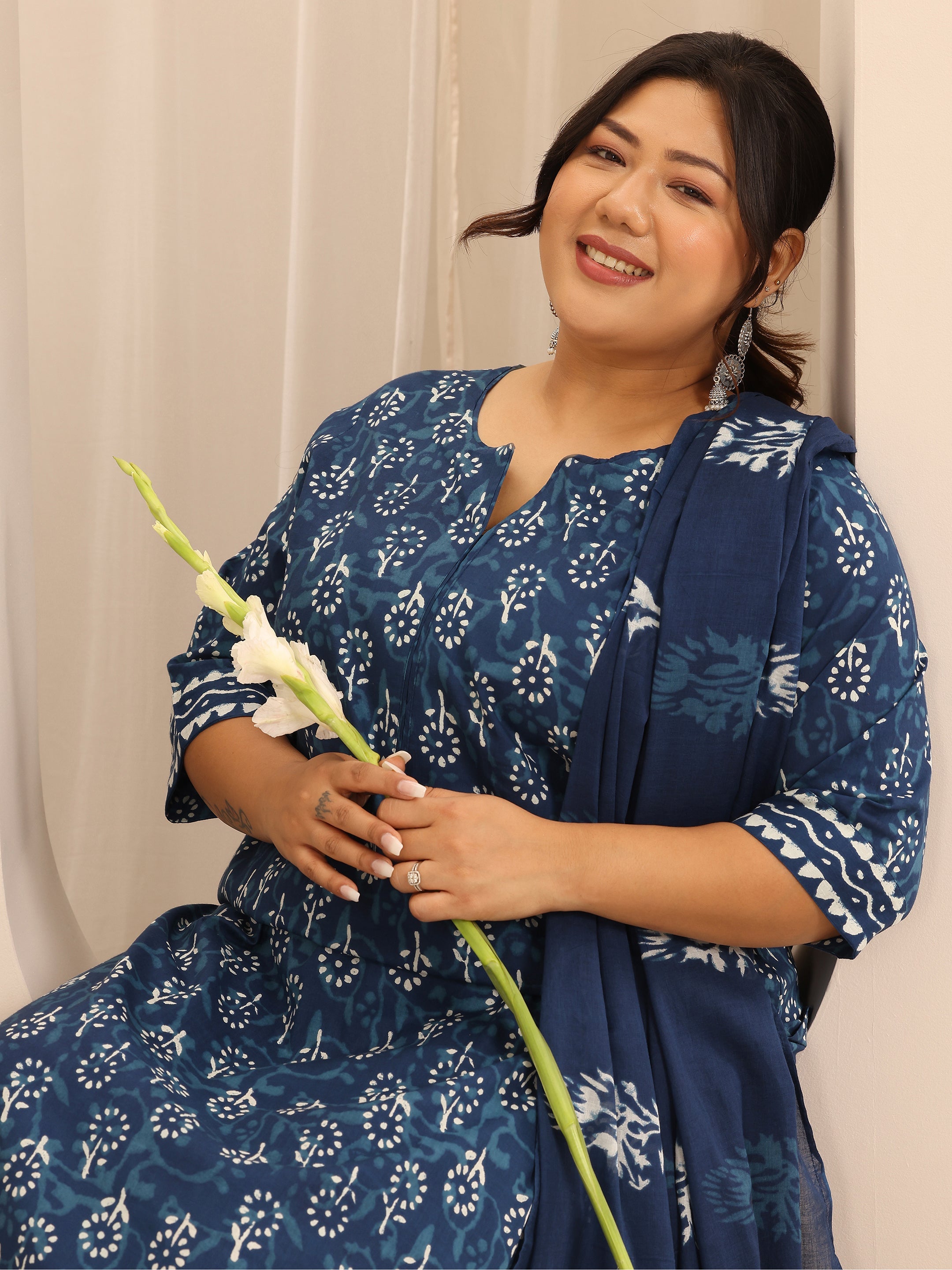 Buy Plus Size Blue Printed Cotton Straight Suit Set With Dupatta Online ...