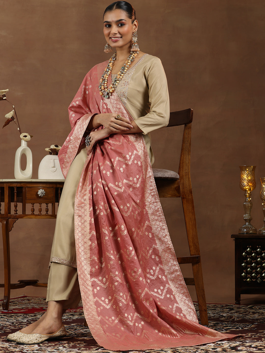 Buy Beige Yoke Design Silk Blend Straight Suit With Dupatta Online in ...