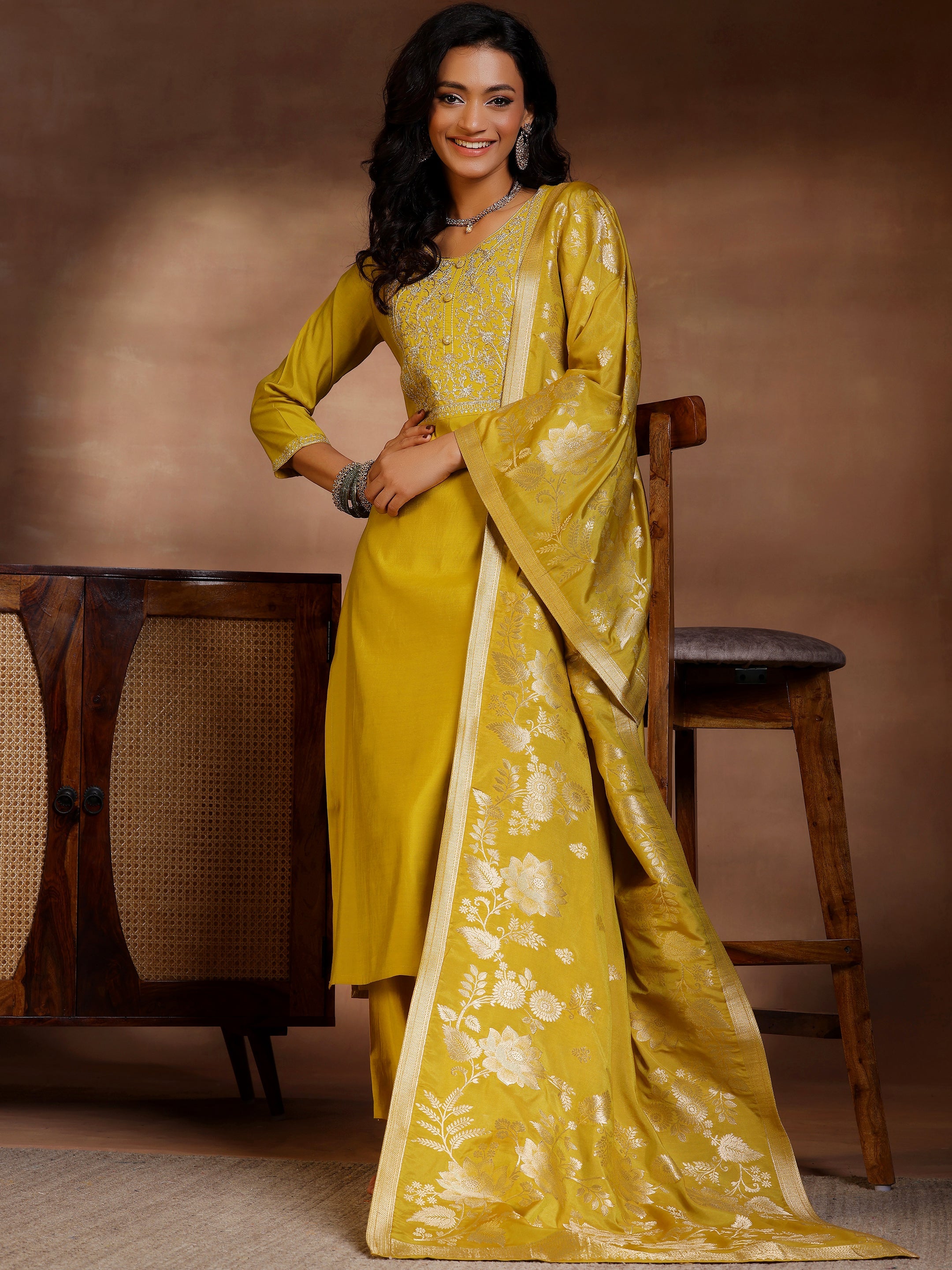 Buy Mustard Yoke Design Silk Blend Straight Suits With Dupatta Online ...