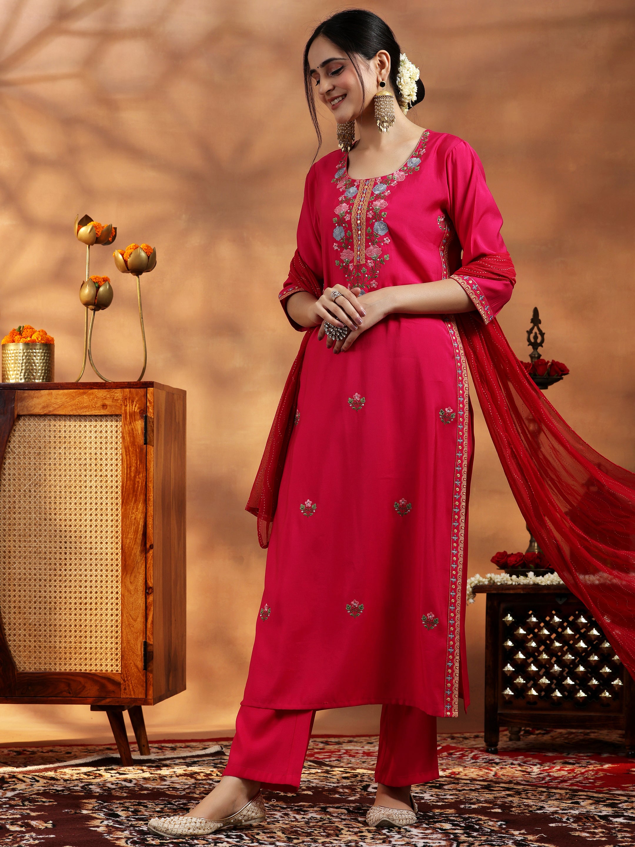 Buy Pink Embroidered Silk Blend Straight Suit With Dupatta Online at ...