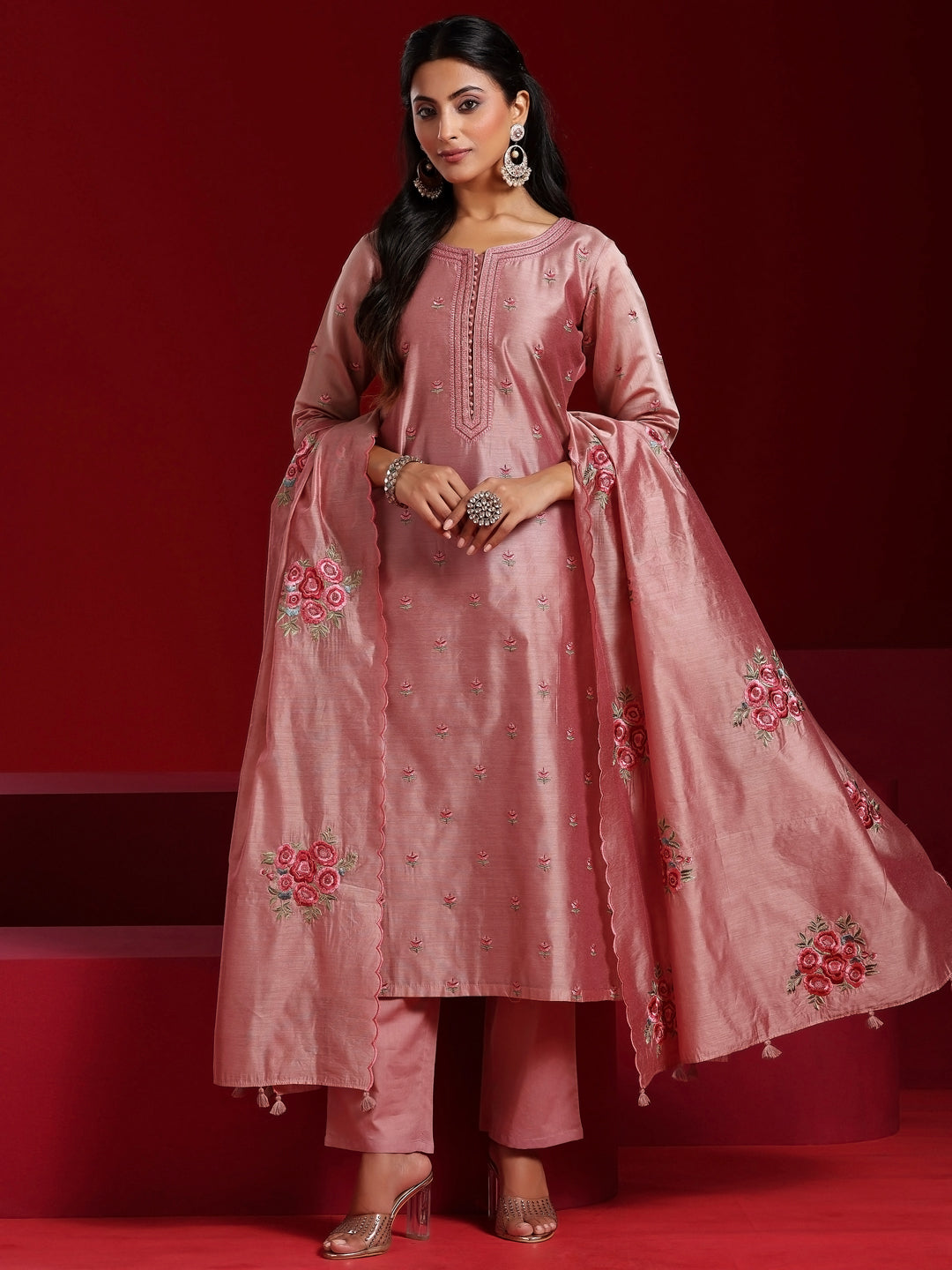 Buy Libas Art Pink Embroidered Chanderi Silk Straight Suit With Dupatta ...