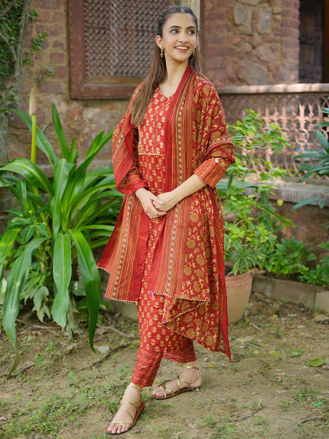 Buy Rust Printed Cotton Straight Suit With Dupatta Online in USA at $38 ...