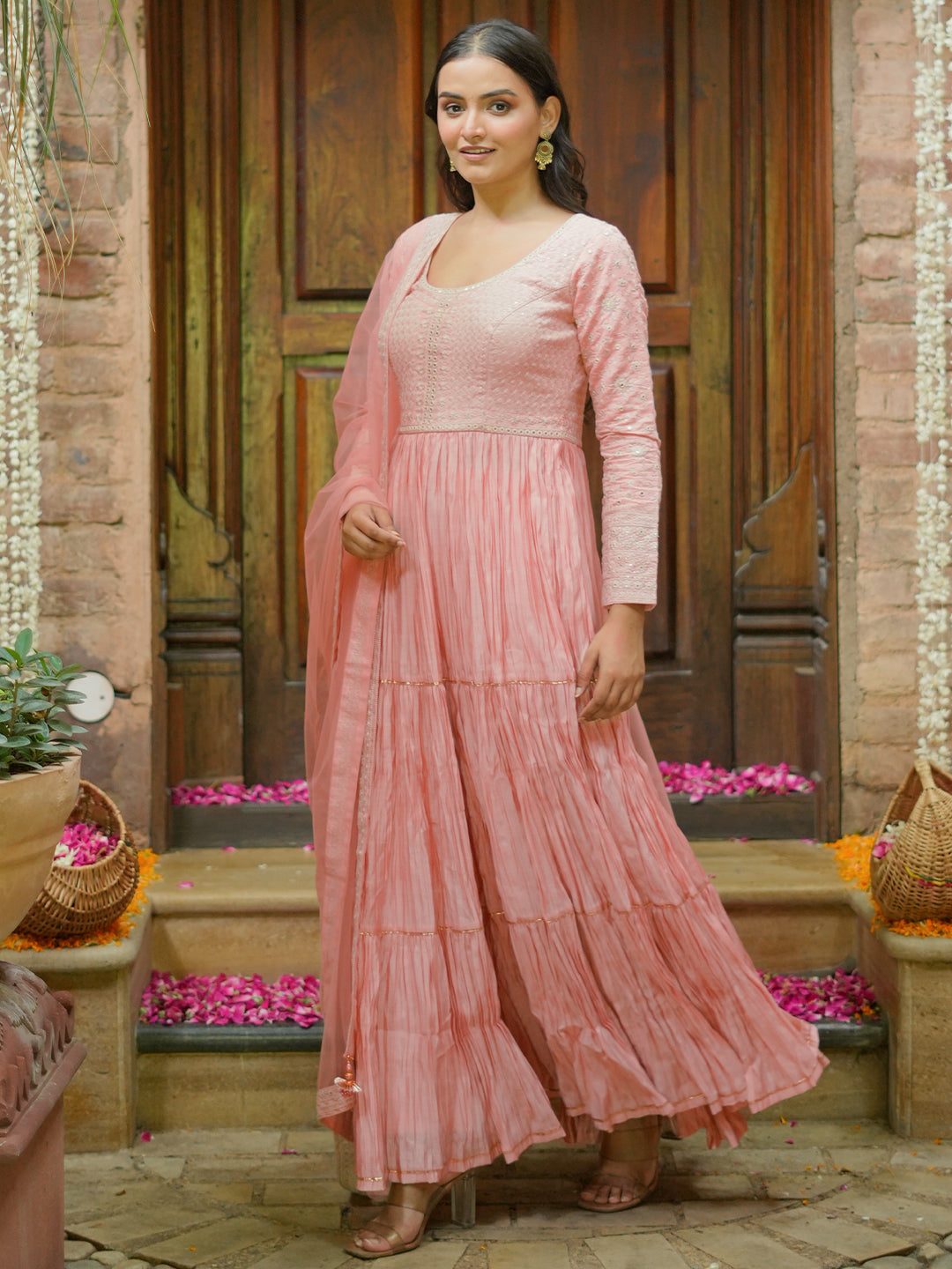 Buy Libas Art Peach Embroidered Cotton Blend A-Line Kurta With Trousers ...