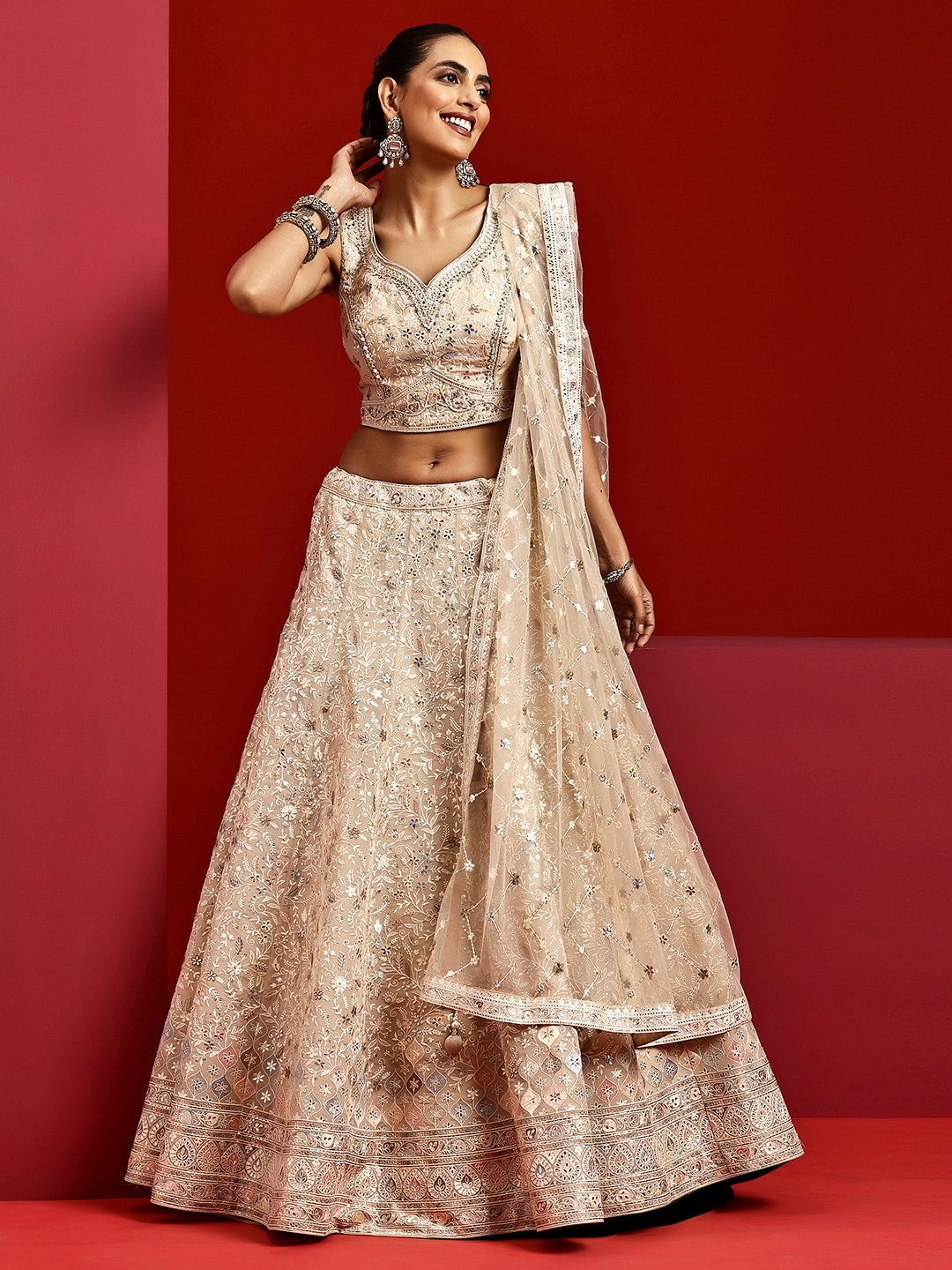 Buy Libas Art Beige Embroidered Silk Blend Lehenga Set Online at $231. ...