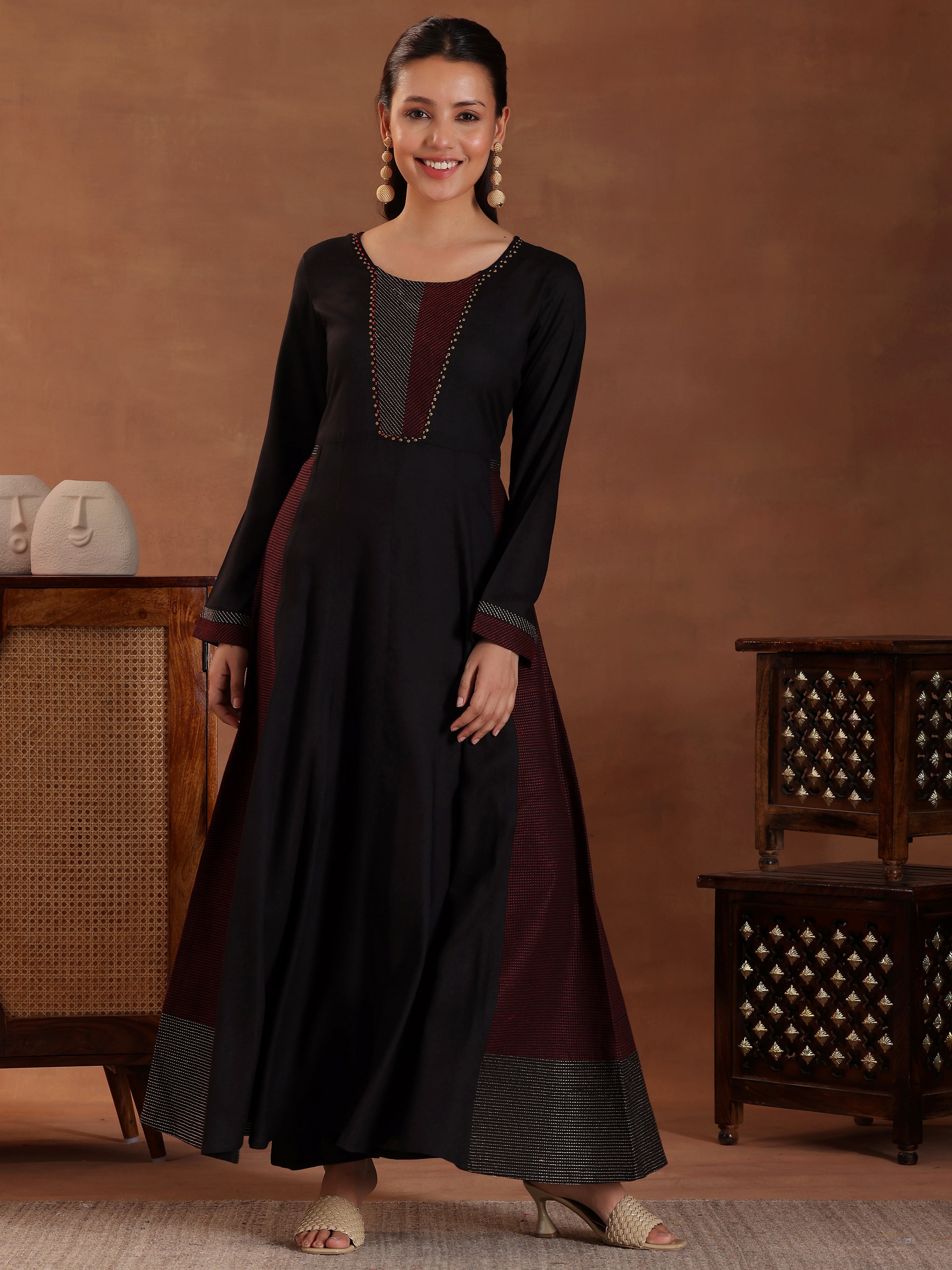 Buy Black Self Design Pure Cotton A-Line Kurta With Trousers Online at ...