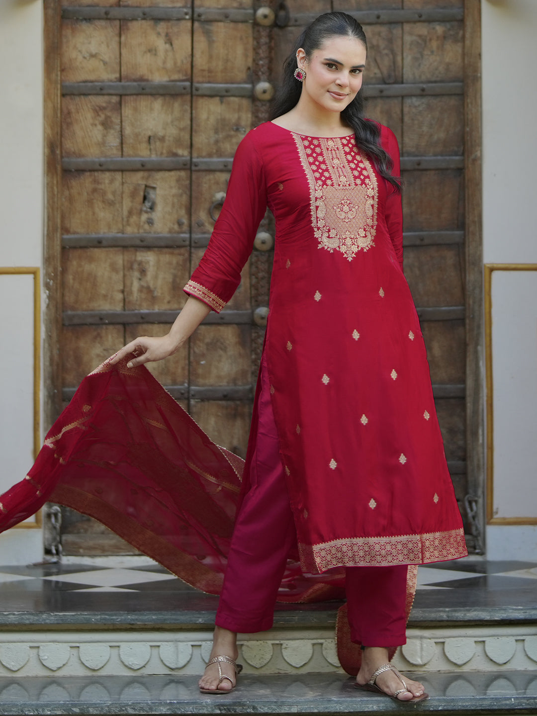 Buy Red Woven Design Silk Blend Straight Suit With Dupatta Online at ...