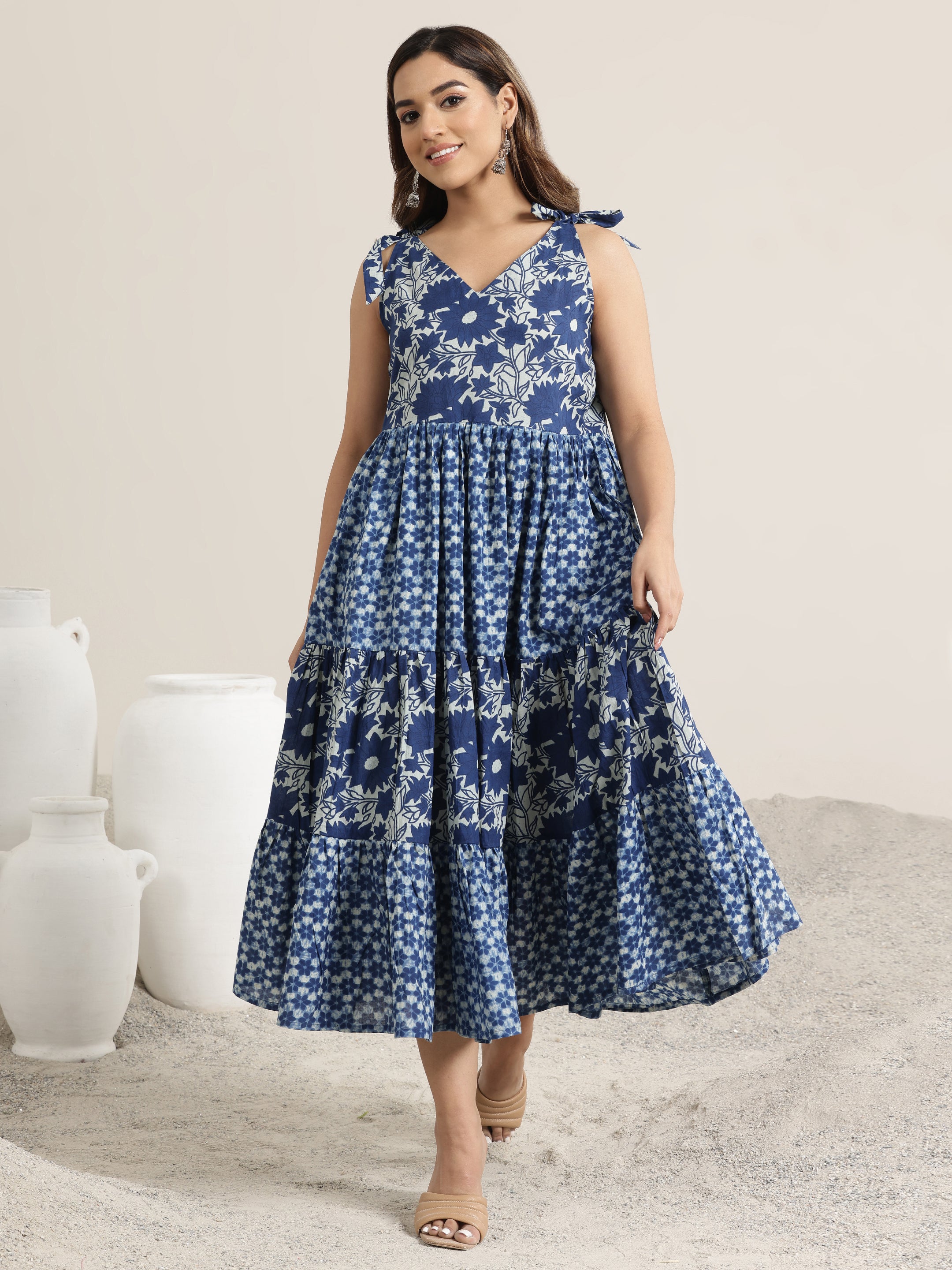 Buy Indigo Printed Cotton Fit and Flare One Piece Dress Online at $22. ...