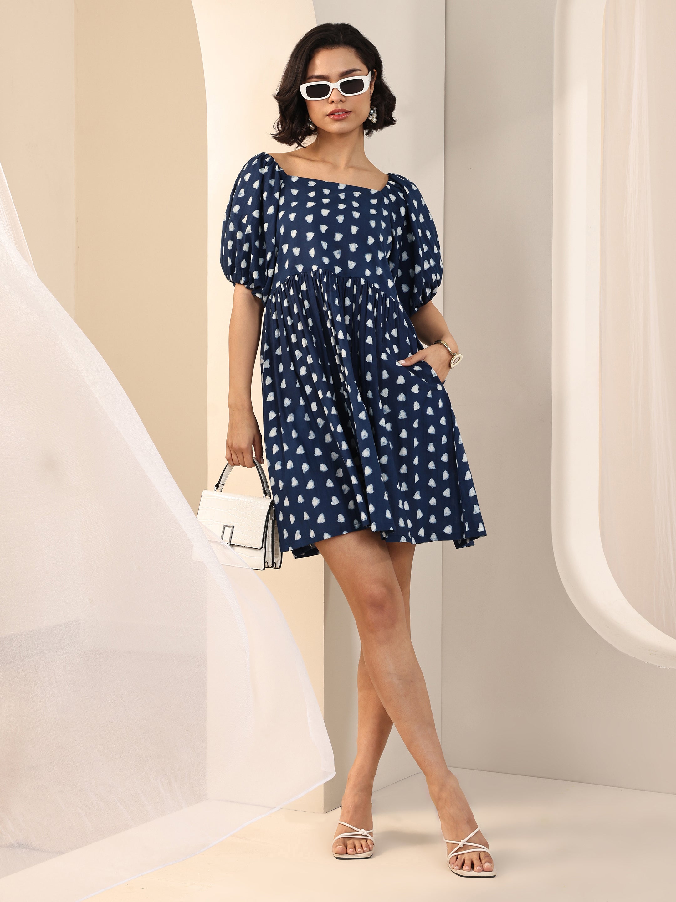 Buy Indigo Printed Cotton Fit and Flare One Piece Dress Online at $18. ...