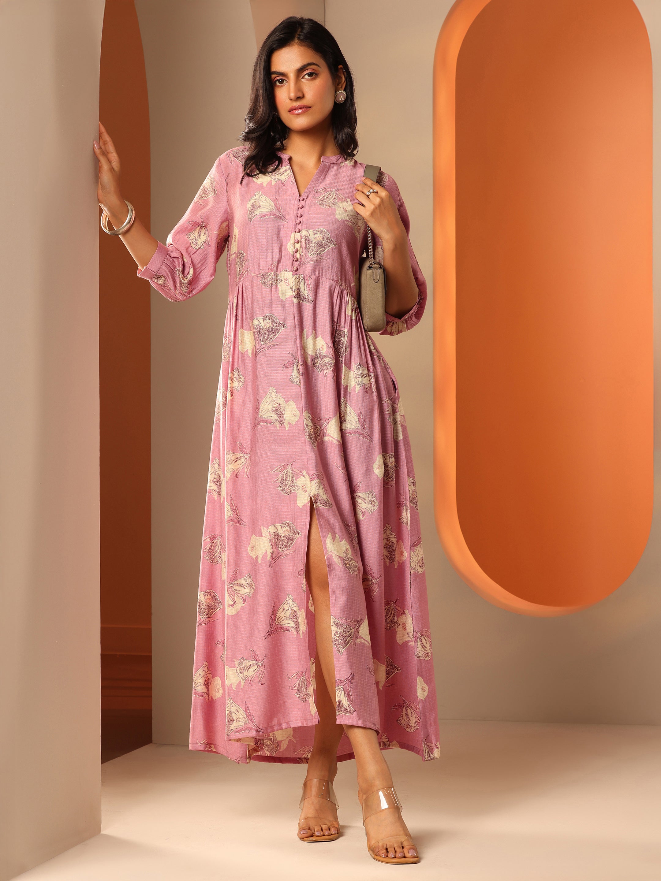 Buy Pink Printed Silk Blend Fit And Flare One Piece Dress Online in USA ...