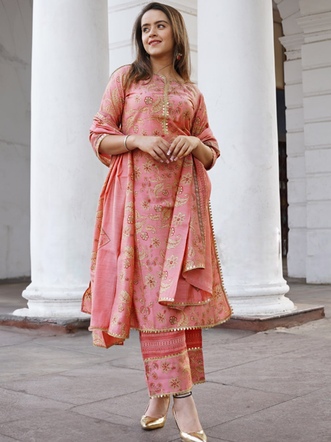 Buy Pink Printed Silk Blend Straight Suit With Dupatta Online at $46.00 ...