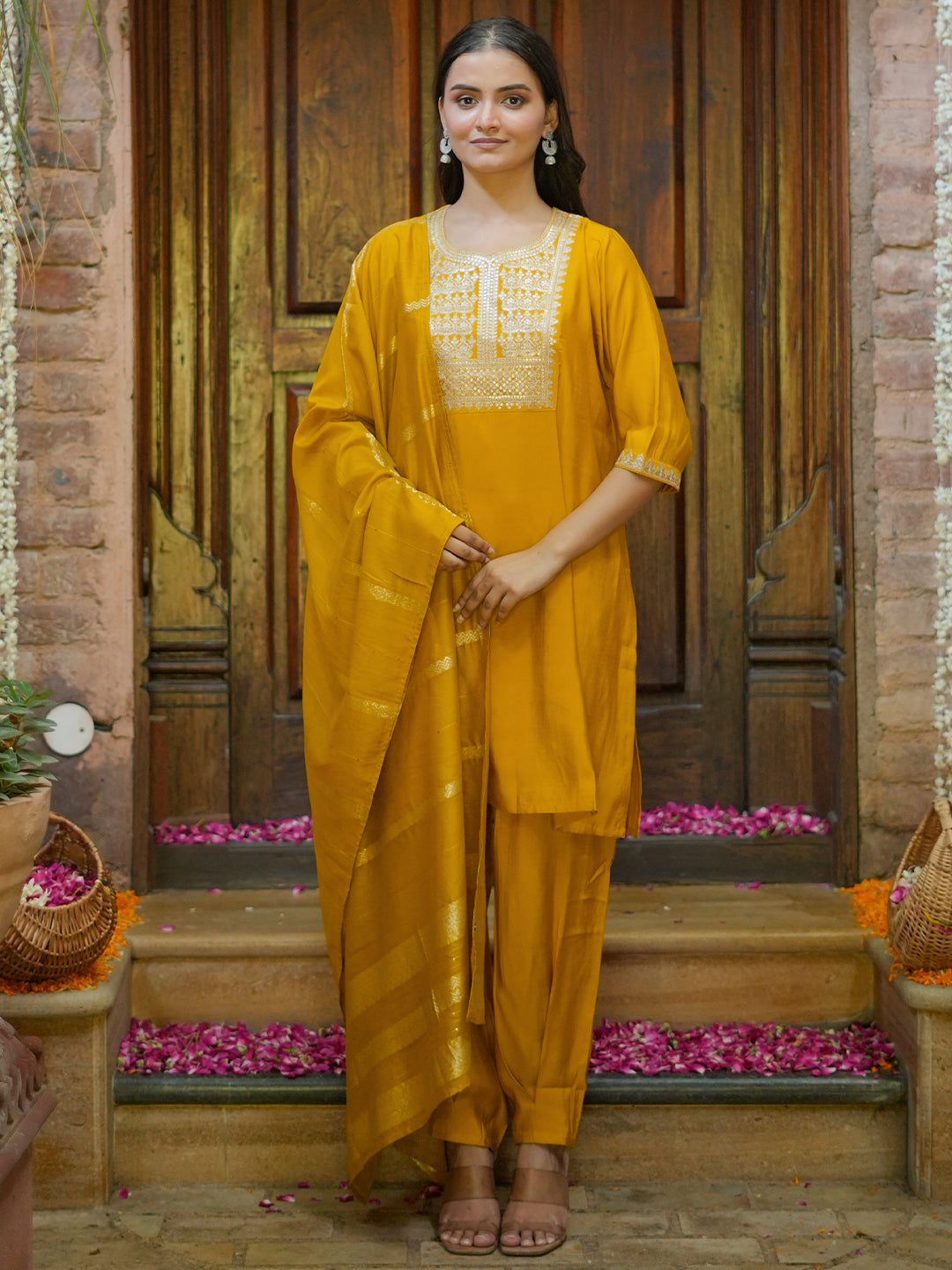 Buy Yellow Yoke Design Silk Blend Straight Suit With Dupatta Online at ...