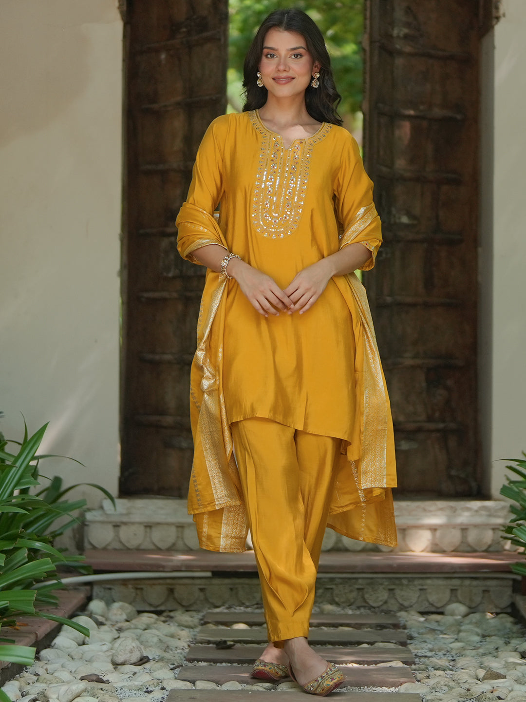 Buy Yellow Yoke Design Silk Blend Straight Suit With Dupatta Online at ...