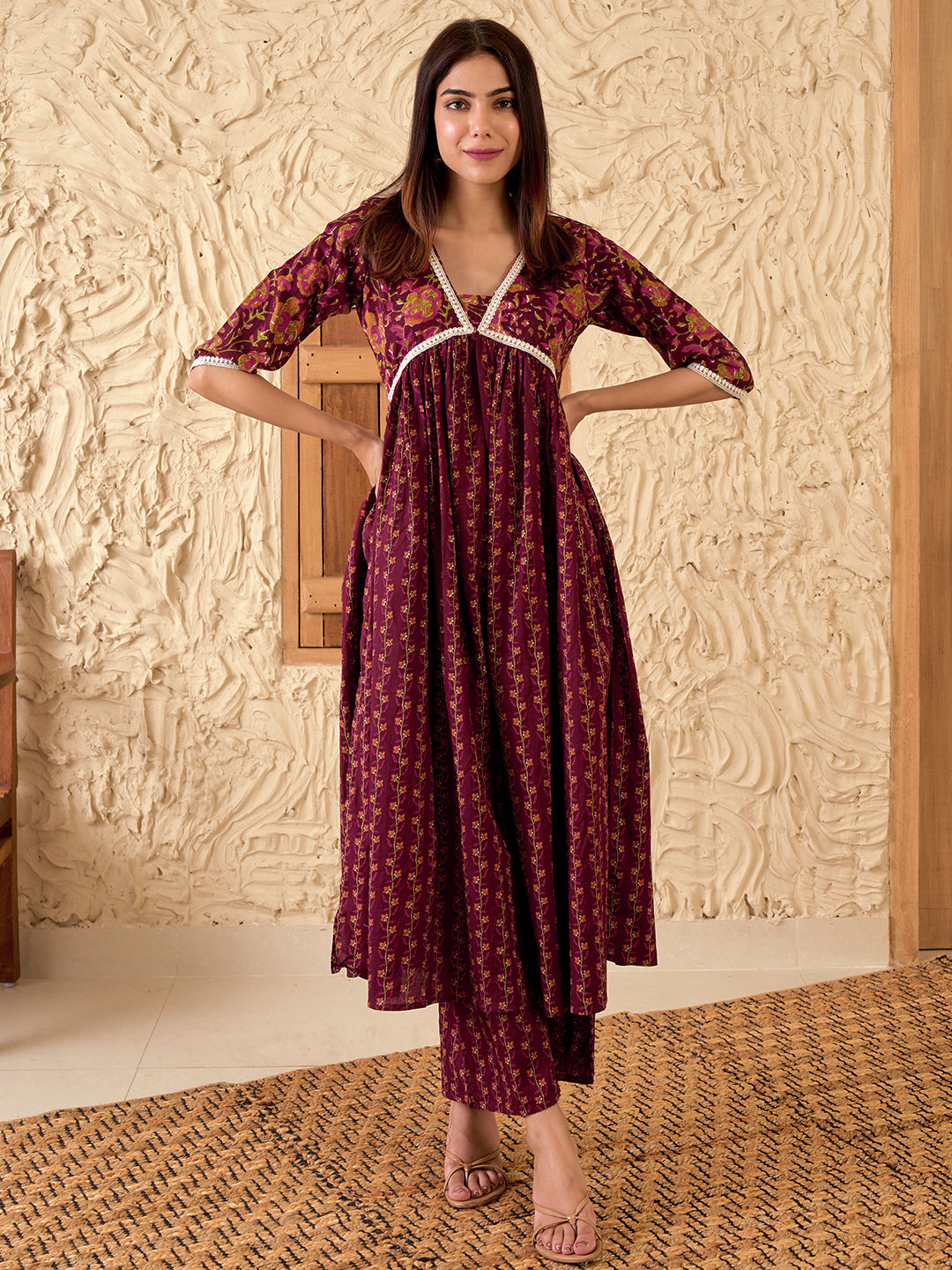 Buy Rust Printed Cotton A-Line Kurta With Palazzos Online at $26.00 | Libas