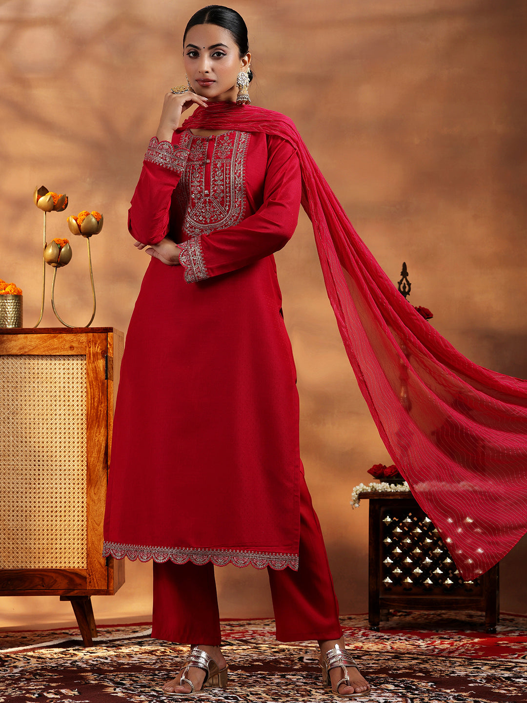 Buy Pink Embroidered Silk Blend Straight Suit With Dupatta Online at ...