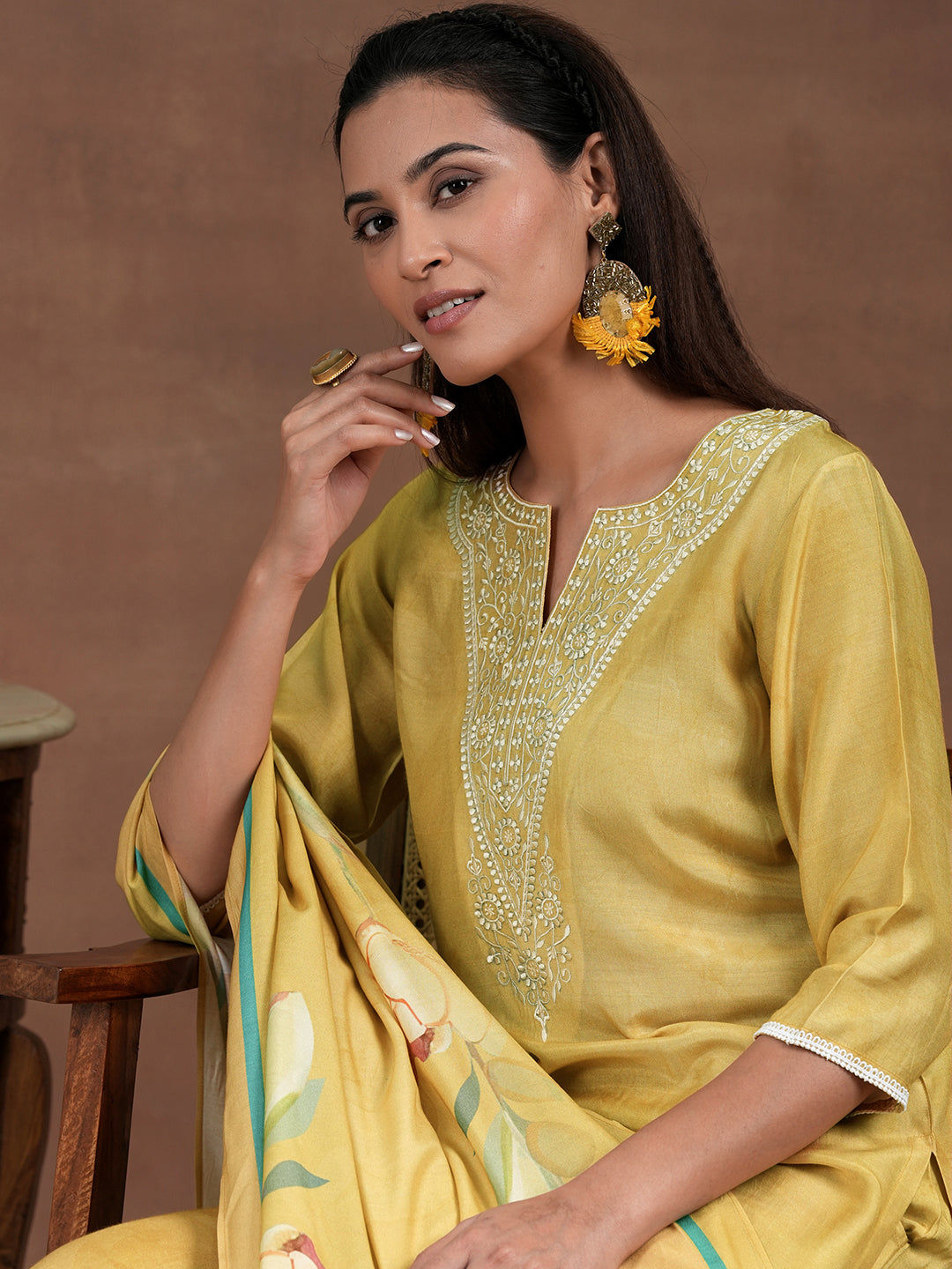 Buy Yellow Yoke Design Silk Blend Straight Suit With Dupatta Online in ...