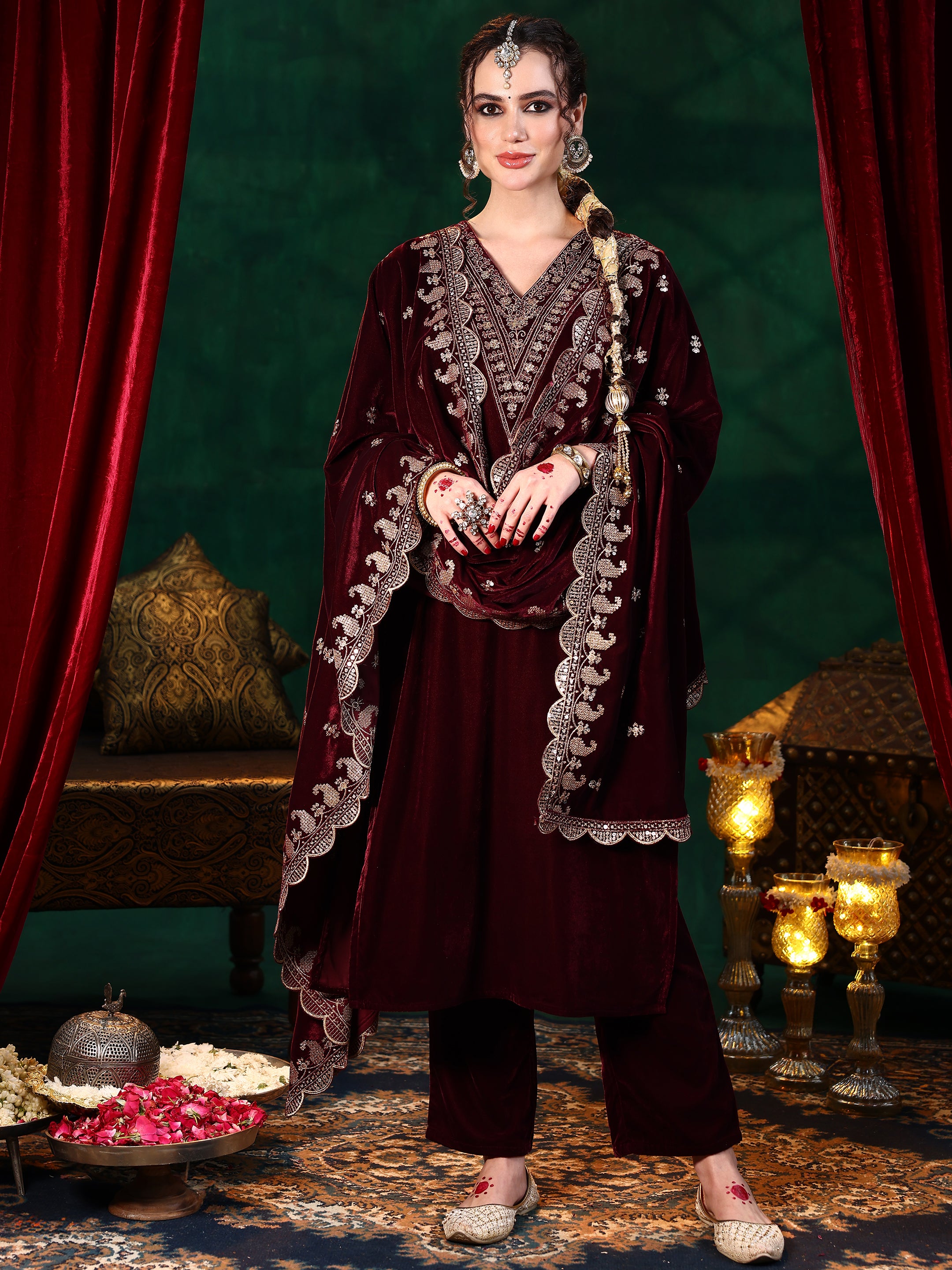 Buy Burgundy Yoke Design Velvet Straight Suit With Dupatta Online at ...