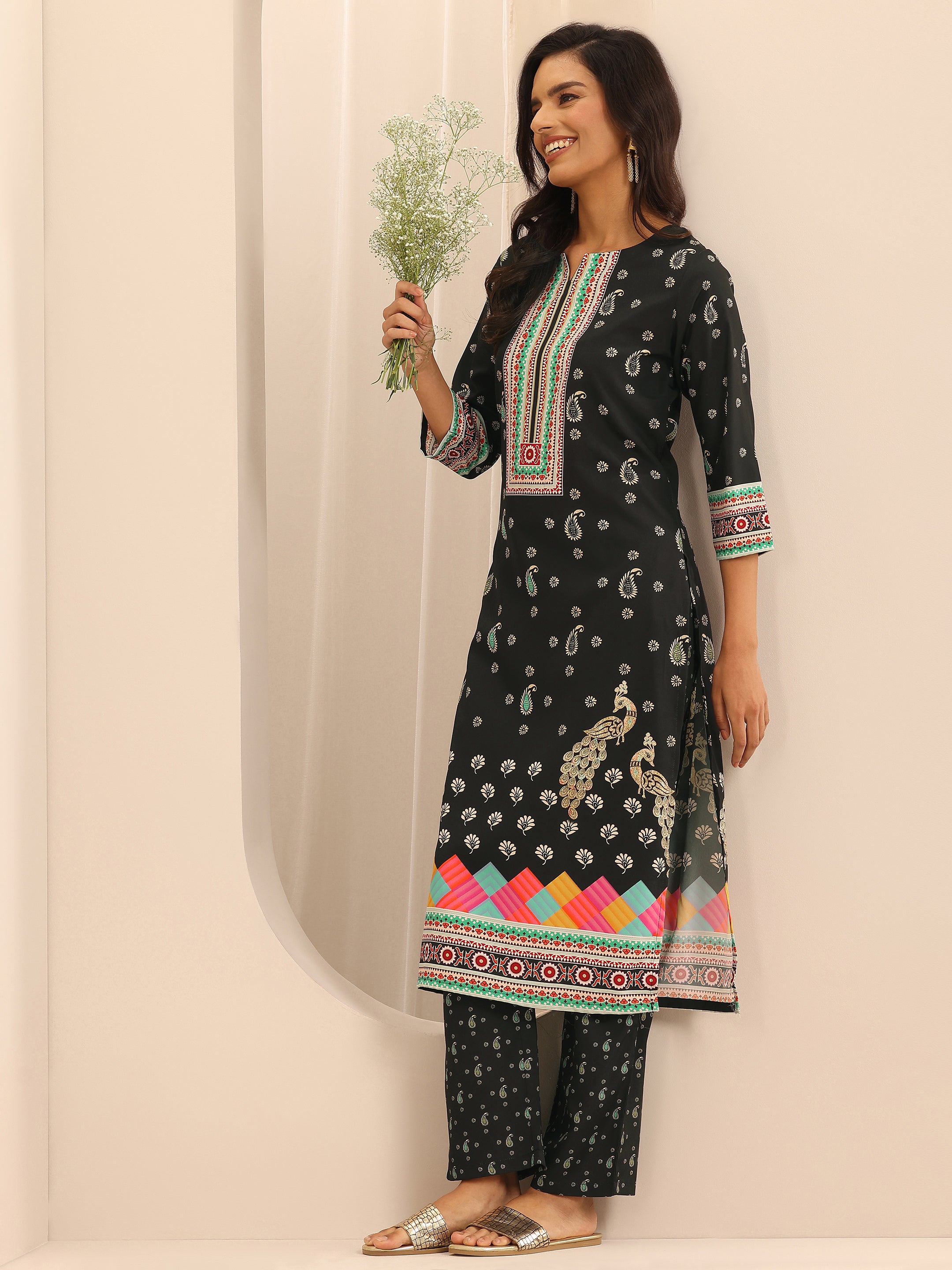 Buy Black Printed Poly Crepe Straight Kurta Set Online at $30.00 | Libas