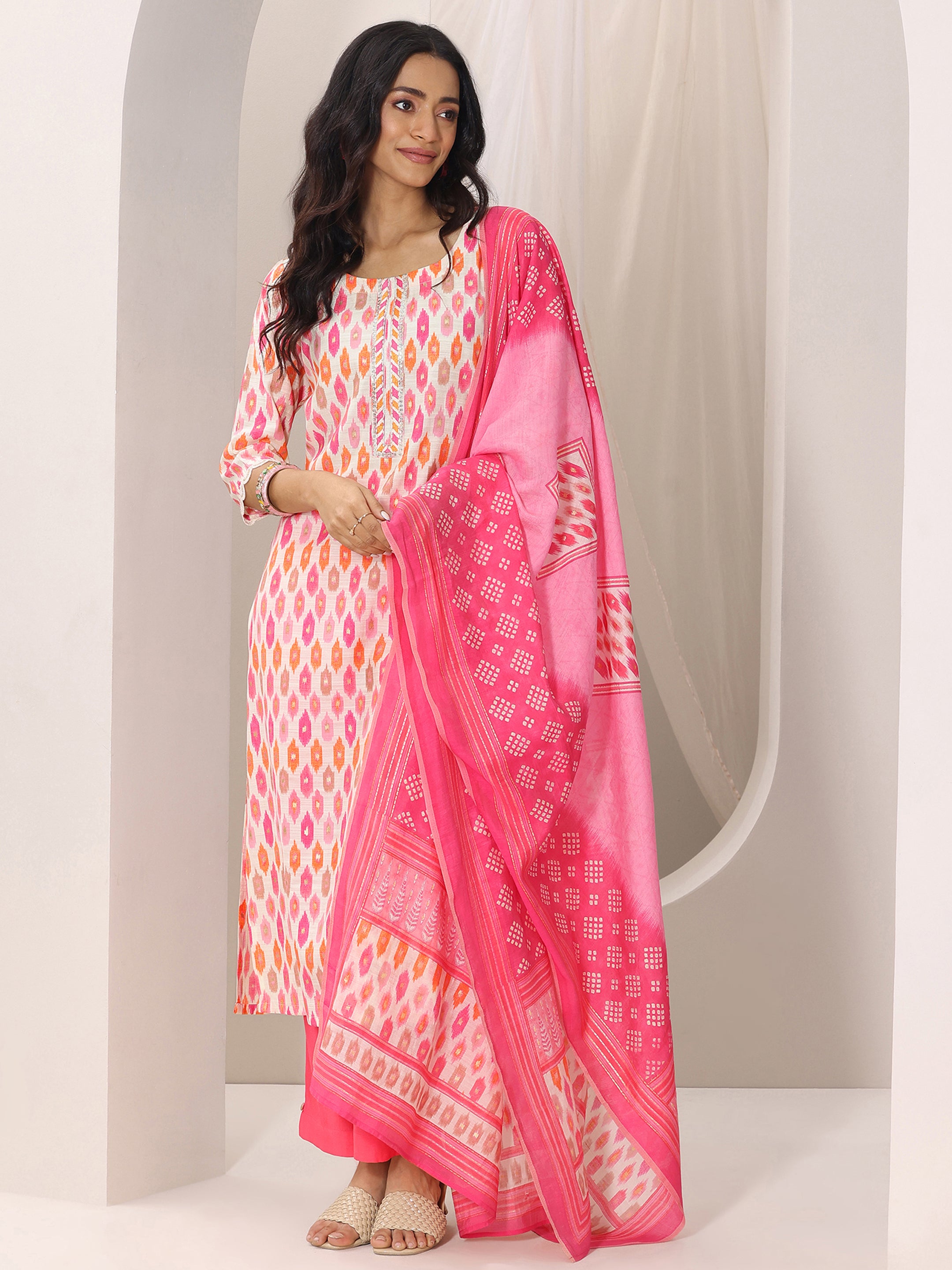 Buy Pink Printed Silk Blend Straight Suit Set With Dupatta Online at ...