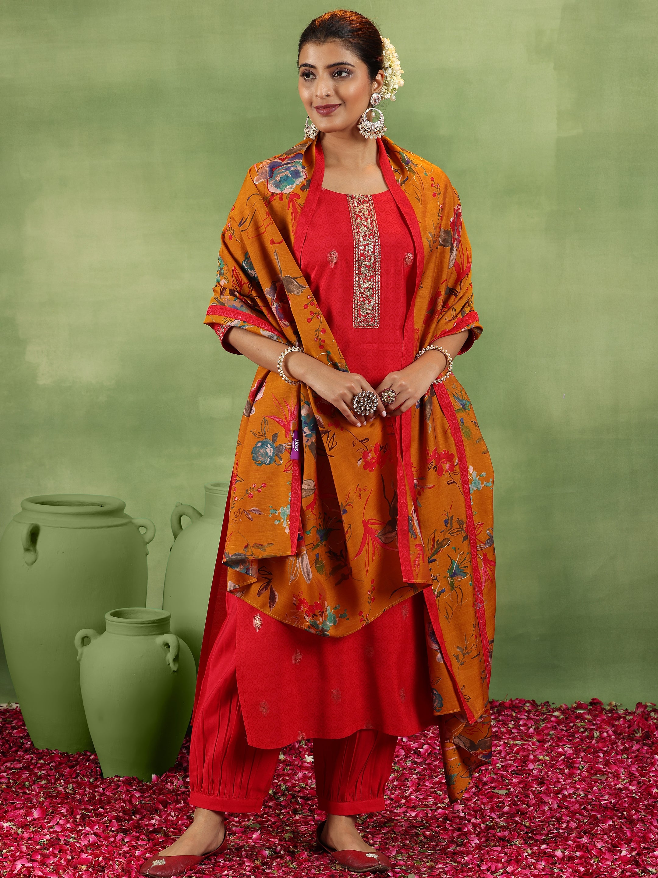 Buy Red Printed Silk Blend Straight Suit With Dupatta Online at $45.00 ...