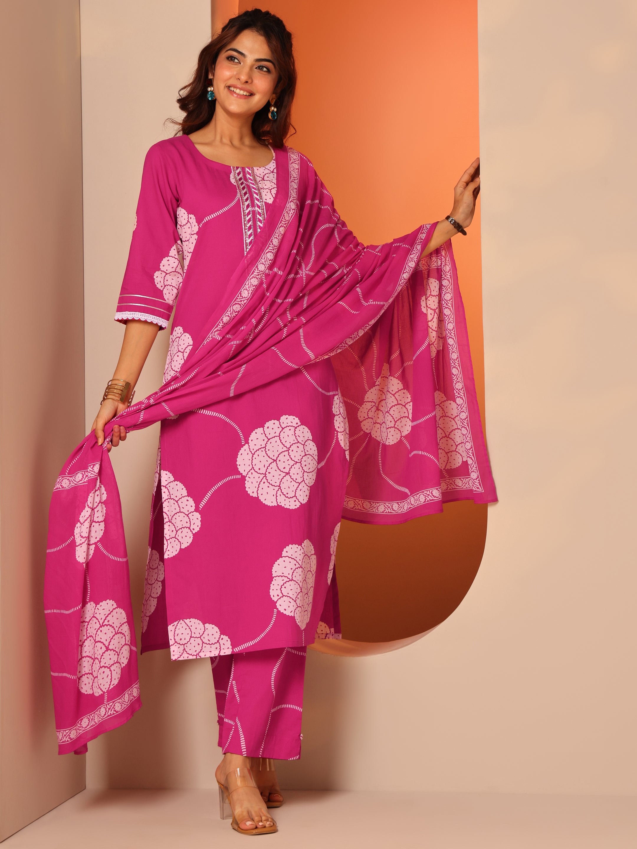 Buy Pink Printed Cotton Straight Suit Set With Dupatta Online at $30.00 ...