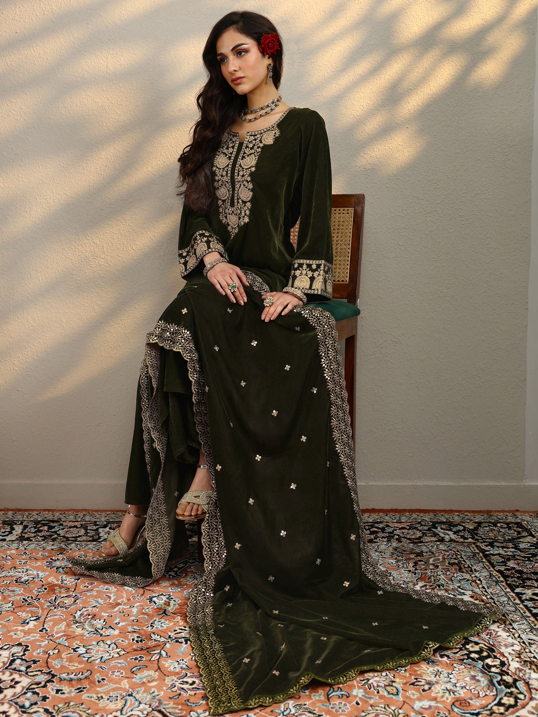 Buy Green Yoke Design Velvet Straight Suit Set With Dupatta Online in ...