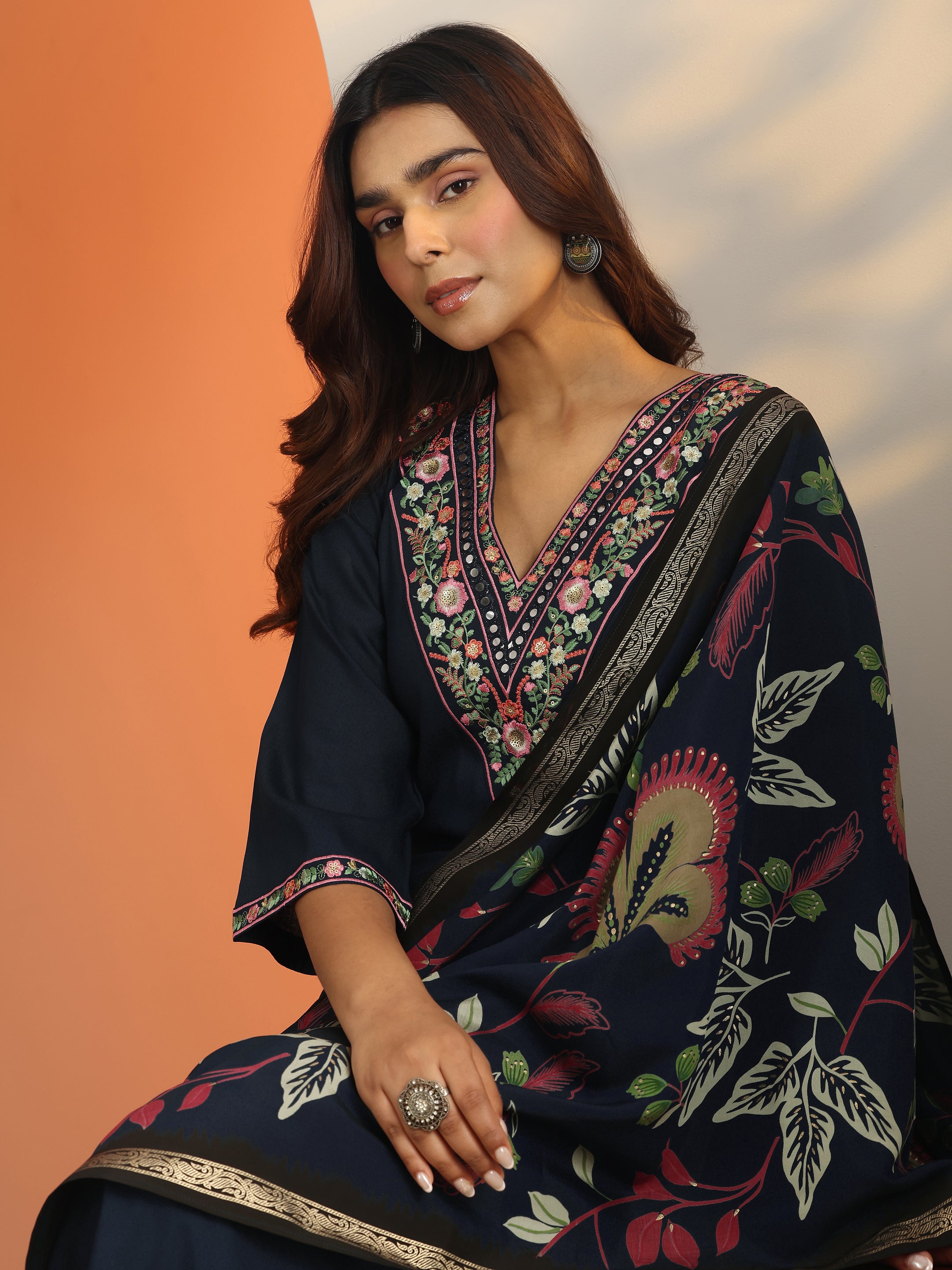 Buy Navy Blue Embroidered Rayon Straight Suit Set With Dupatta Online ...