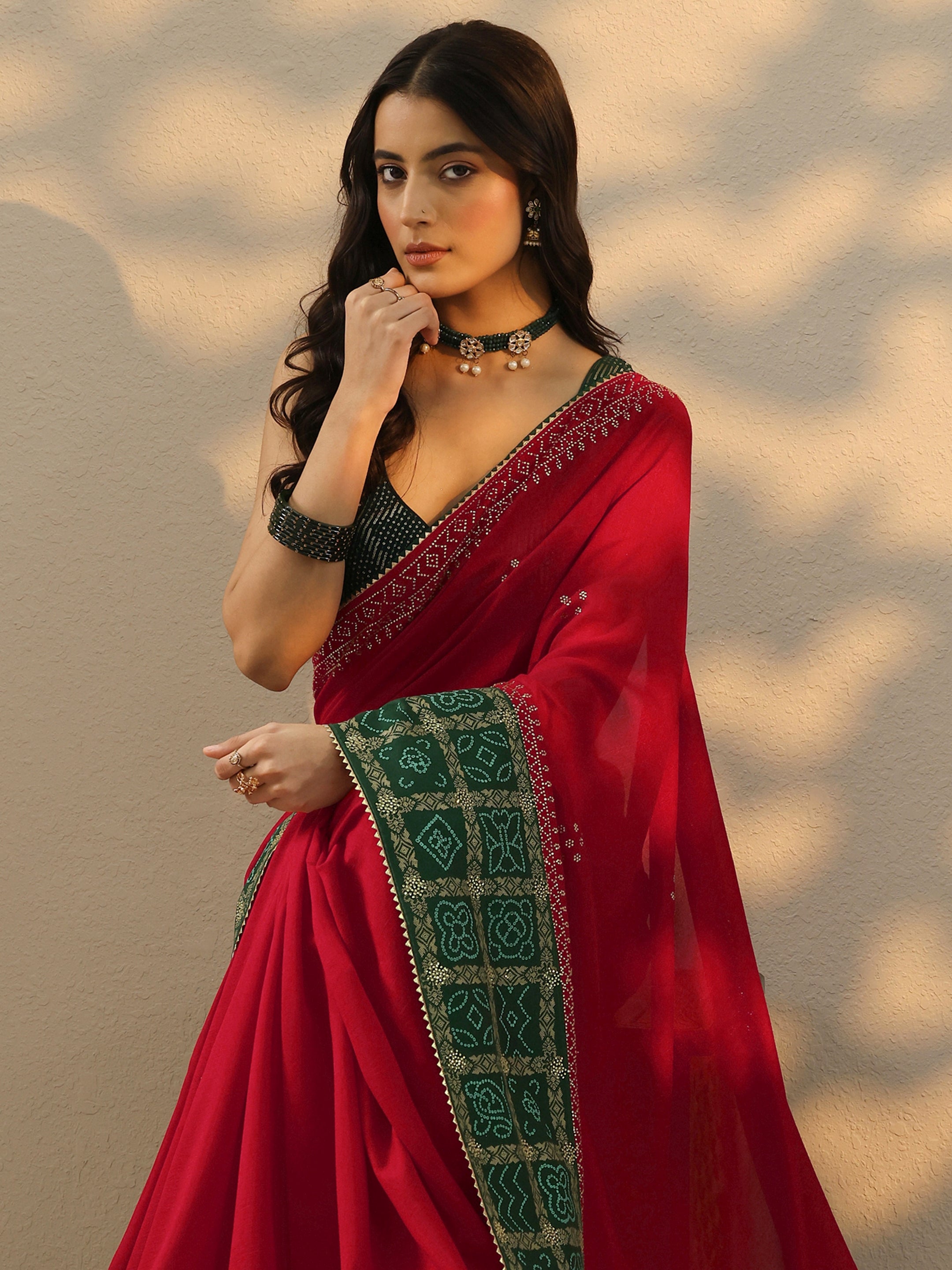 Buy Red Printed Chinon Saree With Unstitched Blouse Piece Online in USA ...