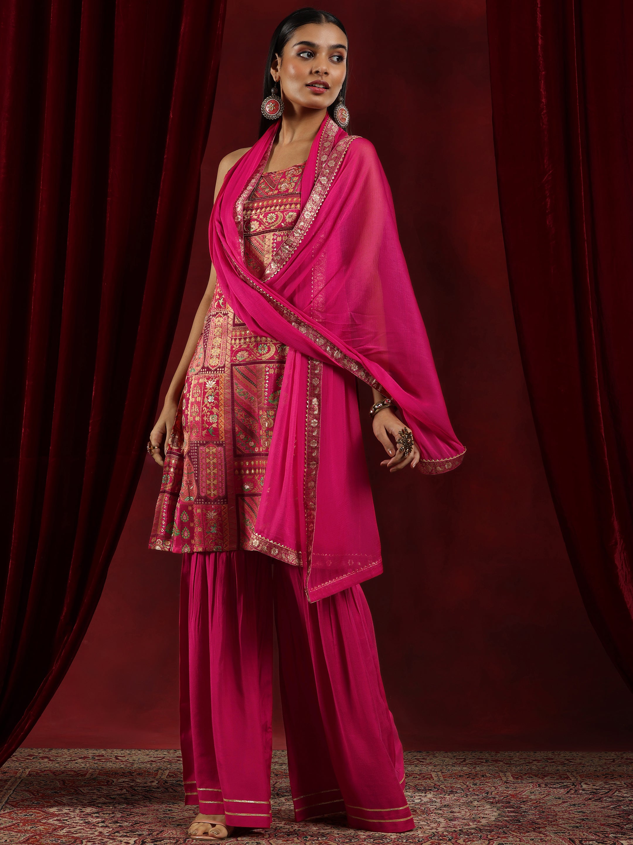 Buy Pink Woven Design Silk Blend Straight Suit With Dupatta Online at ...