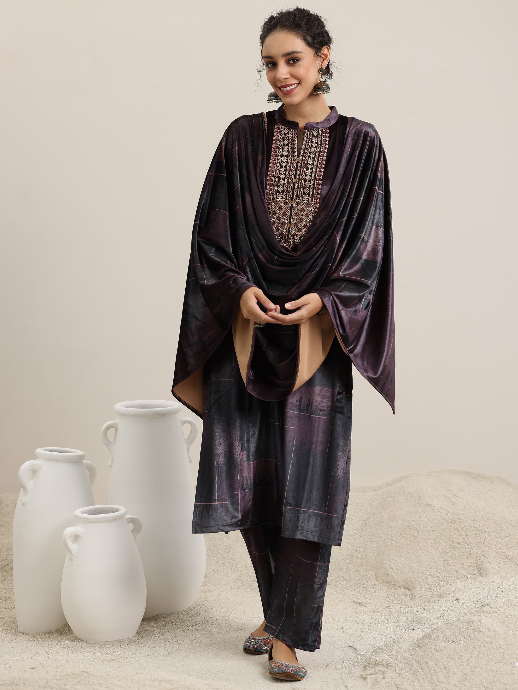 Buy Brown Printed Velvet Straight Suit With Dupatta Online in USA at ...