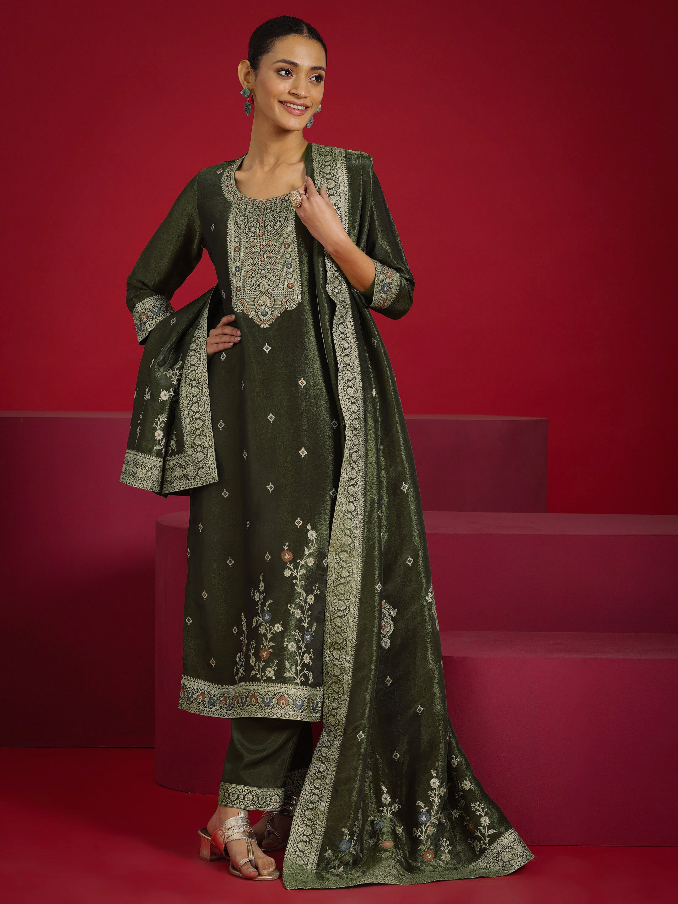 Buy Libas Art Olive Woven Design Silk Blend Straight Suit With Dupatta ...