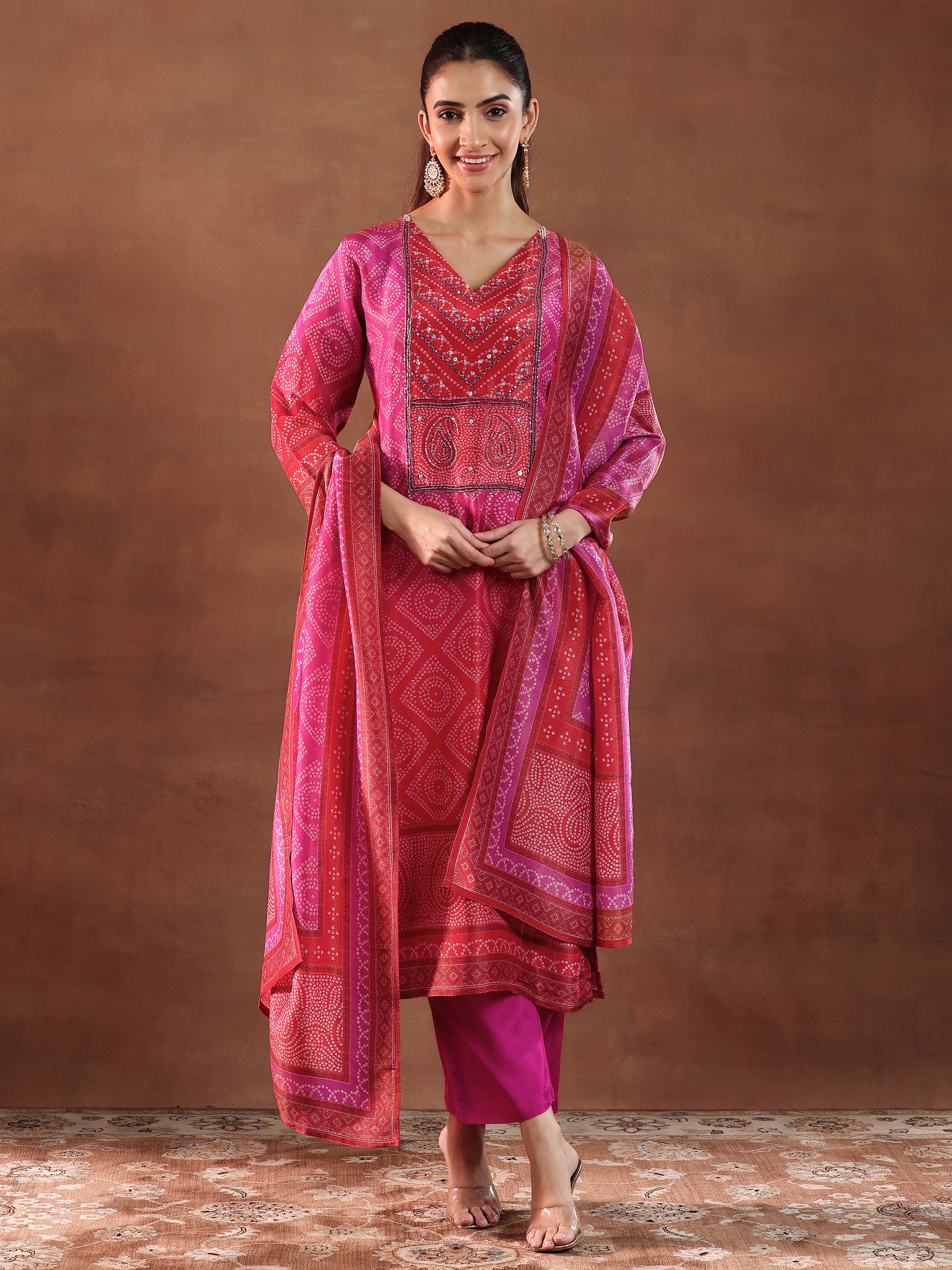 Buy Pink Printed Silk Blend Straight Suit With Dupatta Online at $78.00 ...