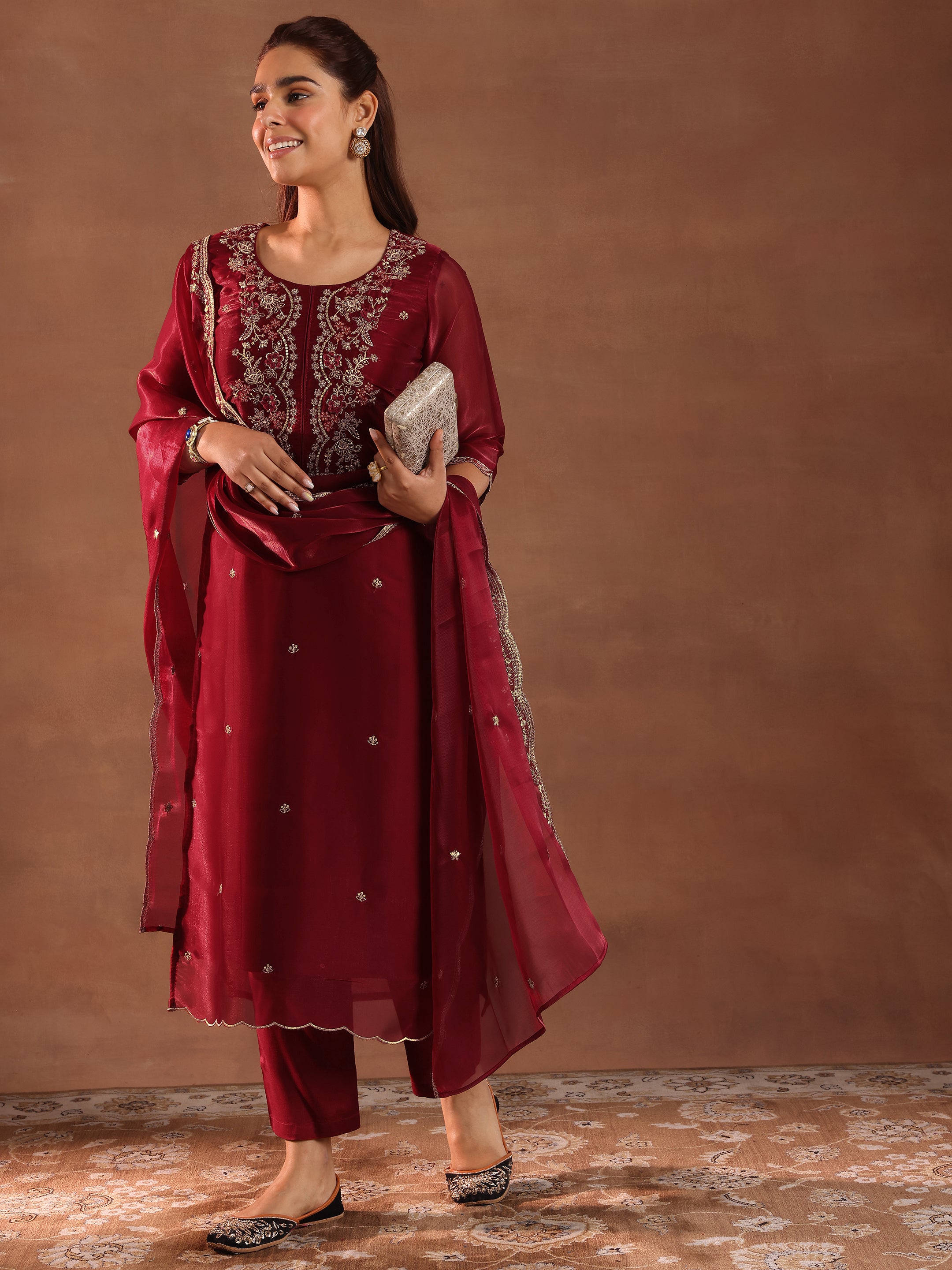 Buy Maroon Yoke Design Tissue Straight Suit With Dupatta Online at $107 ...