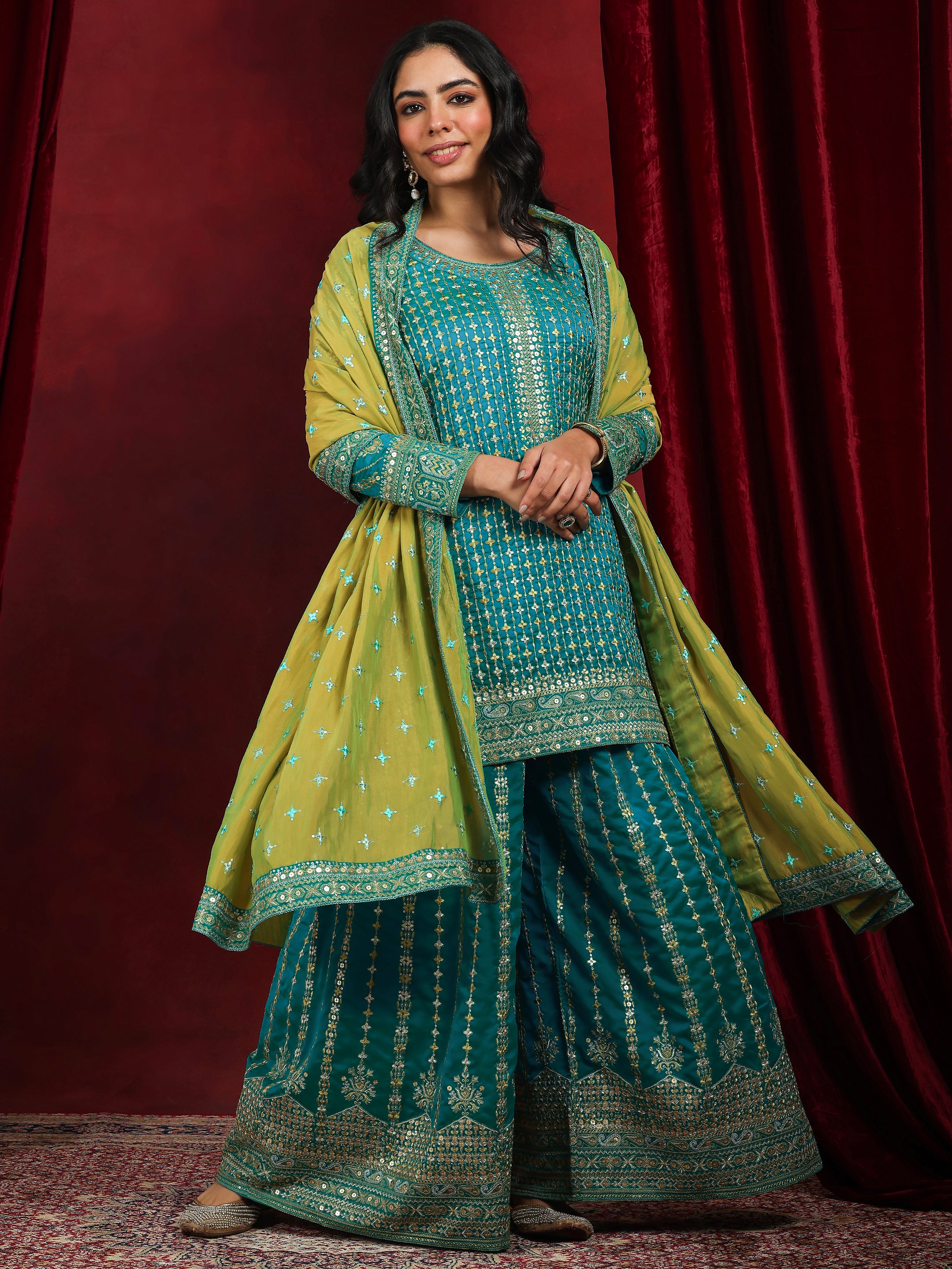 Buy Libas Art Blue Embroidered Silk Blend Straight Suit With Dupatta ...