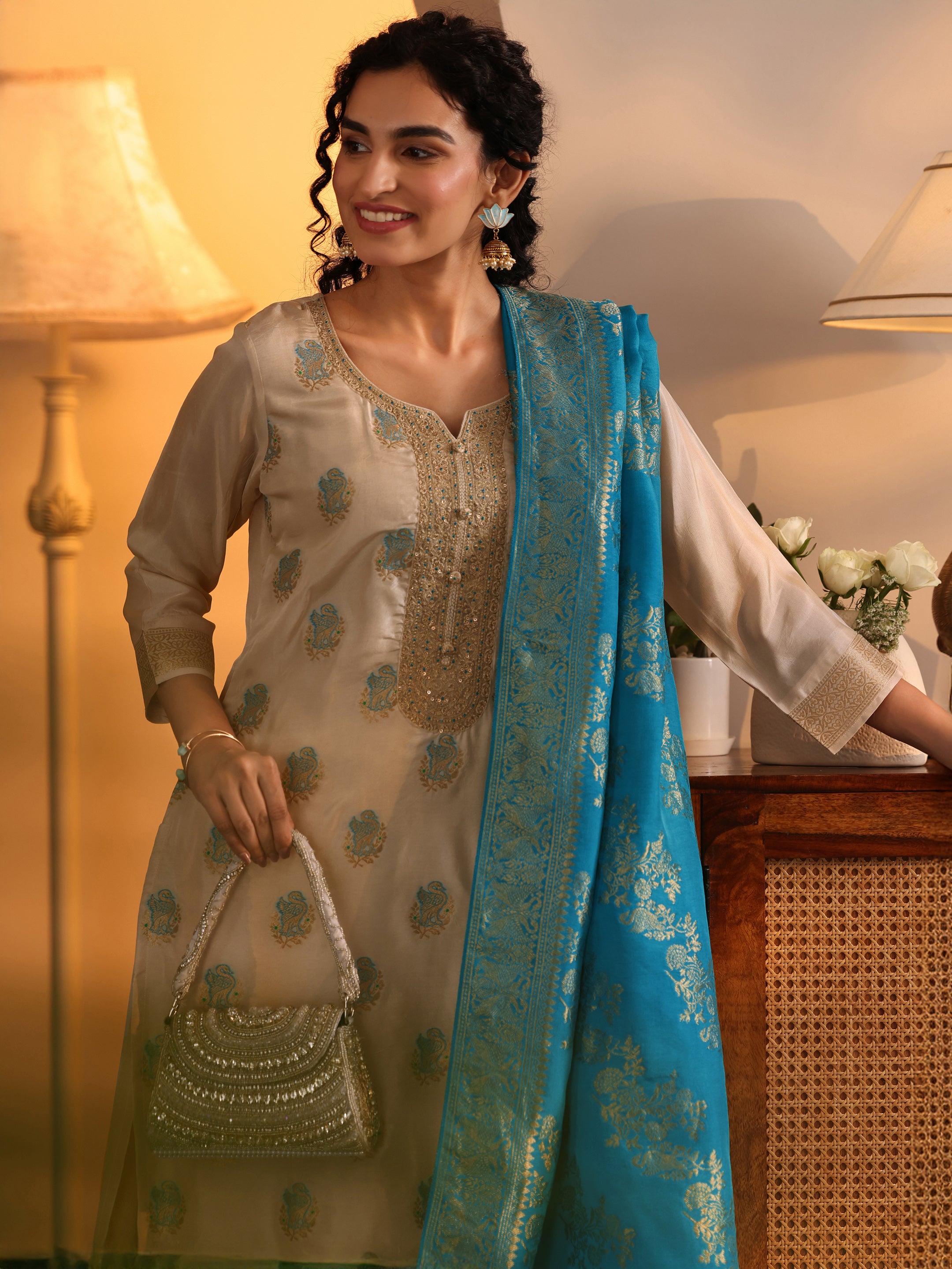 Buy Off White Woven Design Silk Blend Straight Suit Set With Dupatta ...