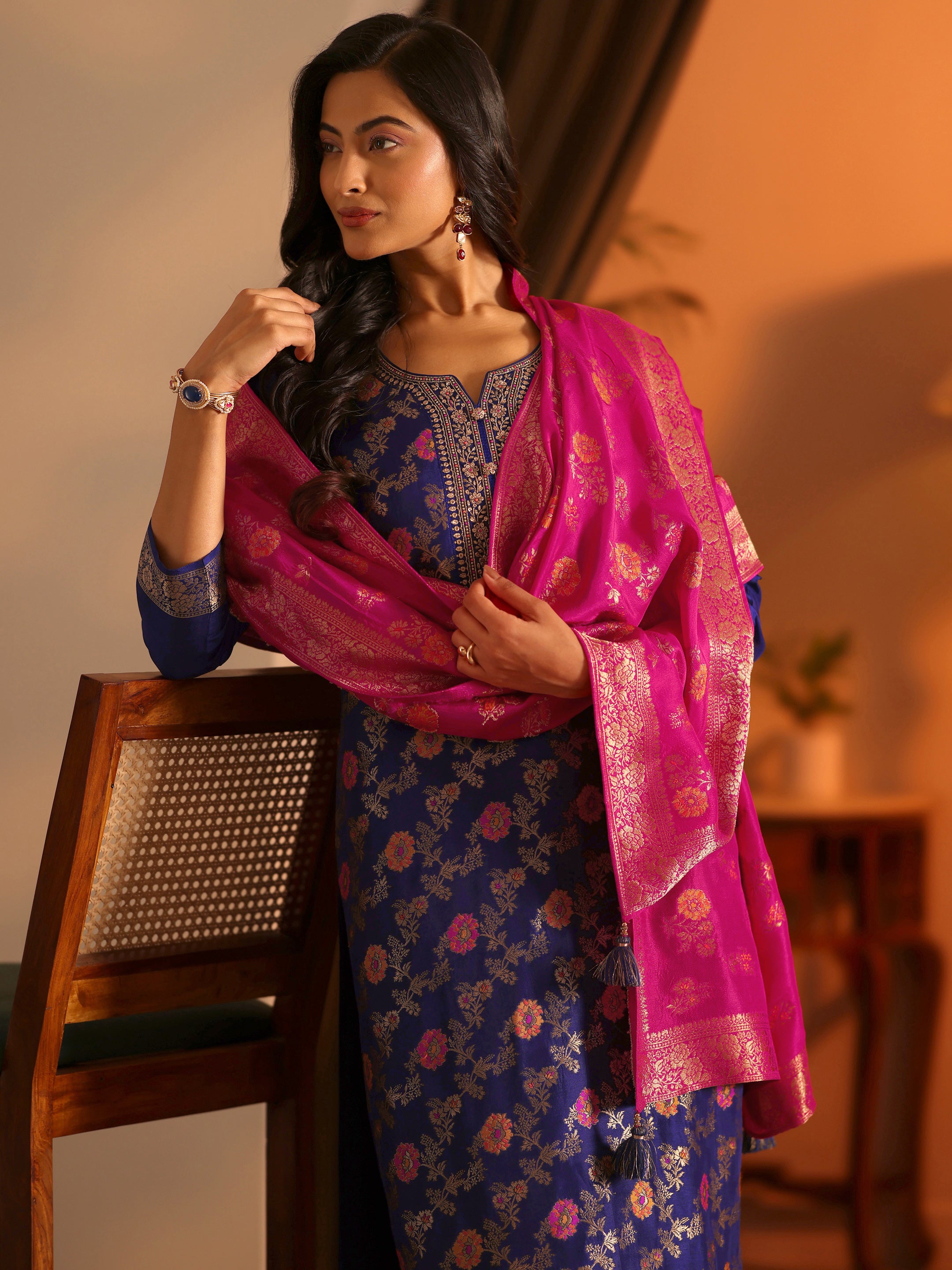 Buy Navy Blue Woven Design Silk Blend Straight Suit Set With Dupatta ...