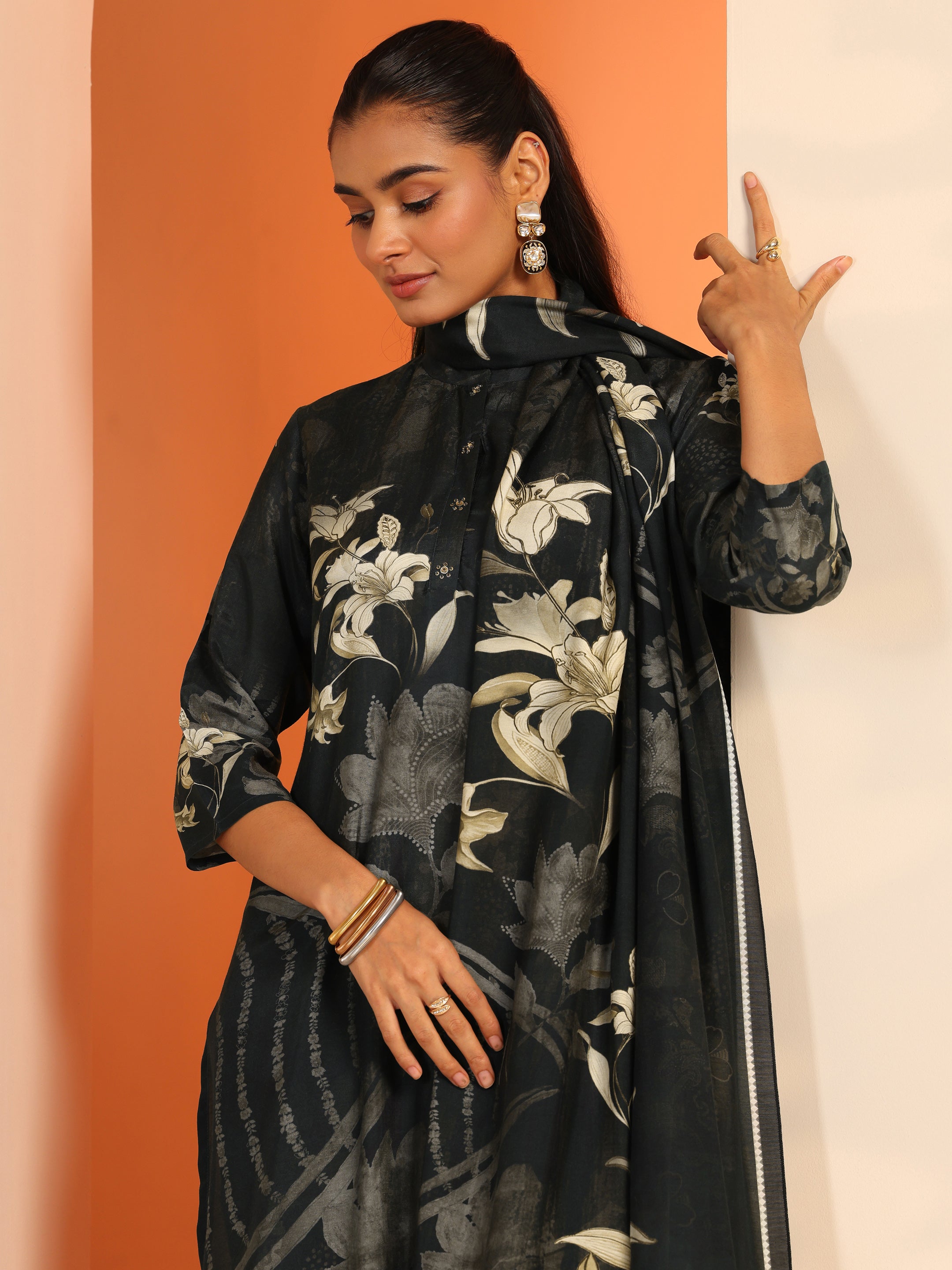 Buy Black Printed Muslin Straight Suit Set With Dupatta Online at $48. ...