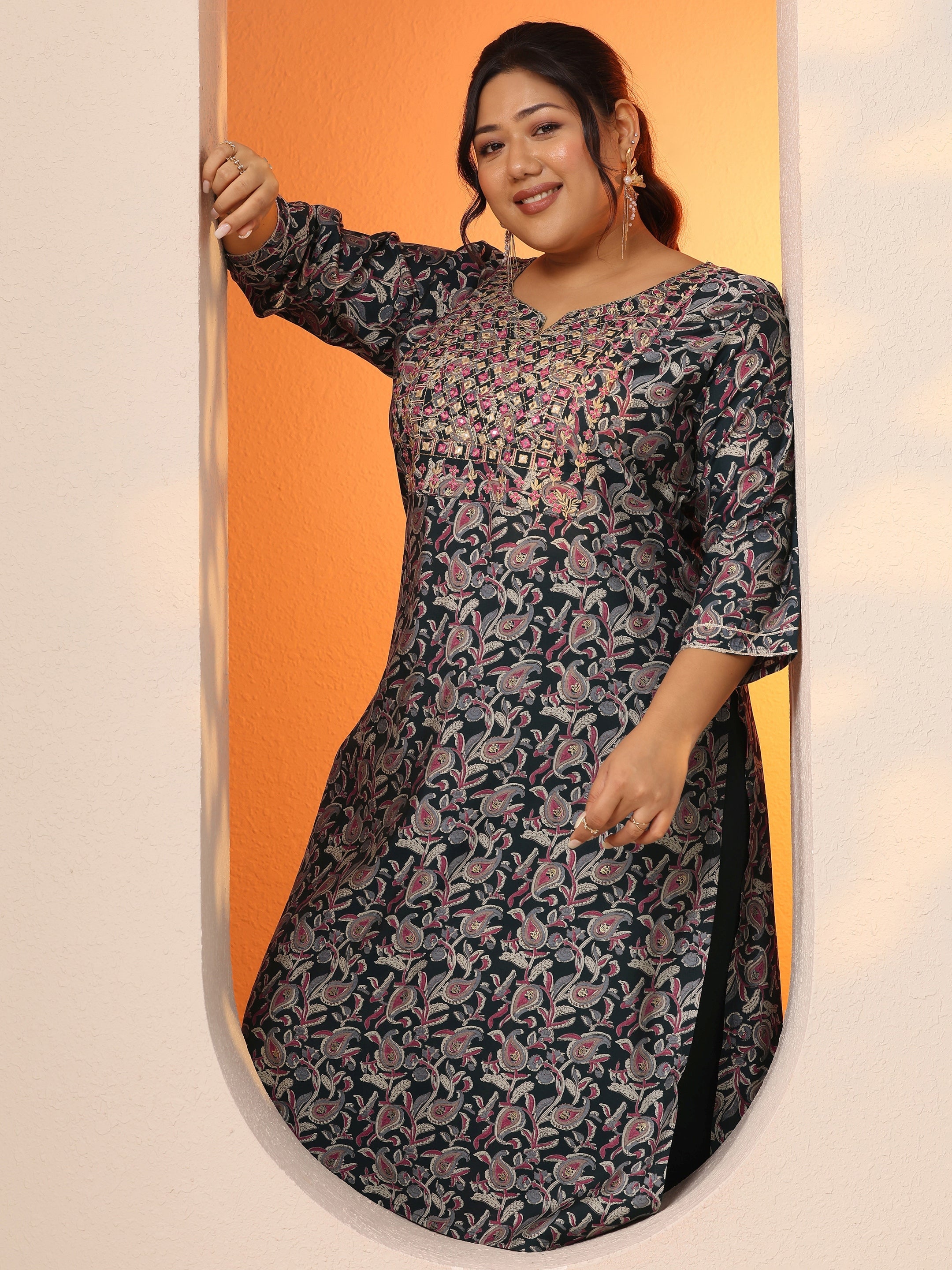 Buy Plus Size Blue Printed Silk Blend Straight Kurta Set Online at $32. ...