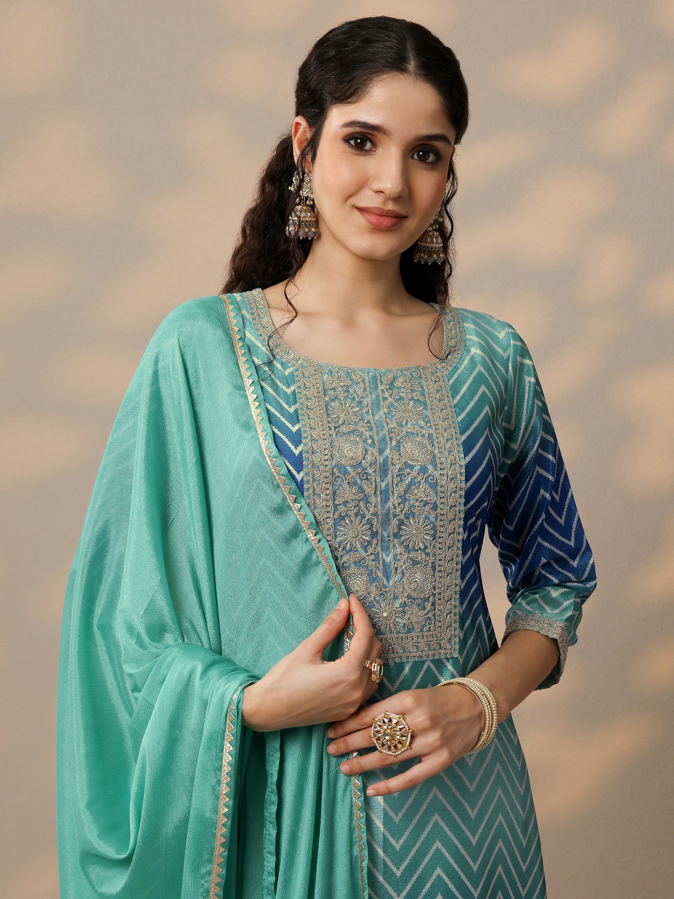 Buy Blue Printed Chinon Straight Suit Set With Dupatta Online at $65.00 ...