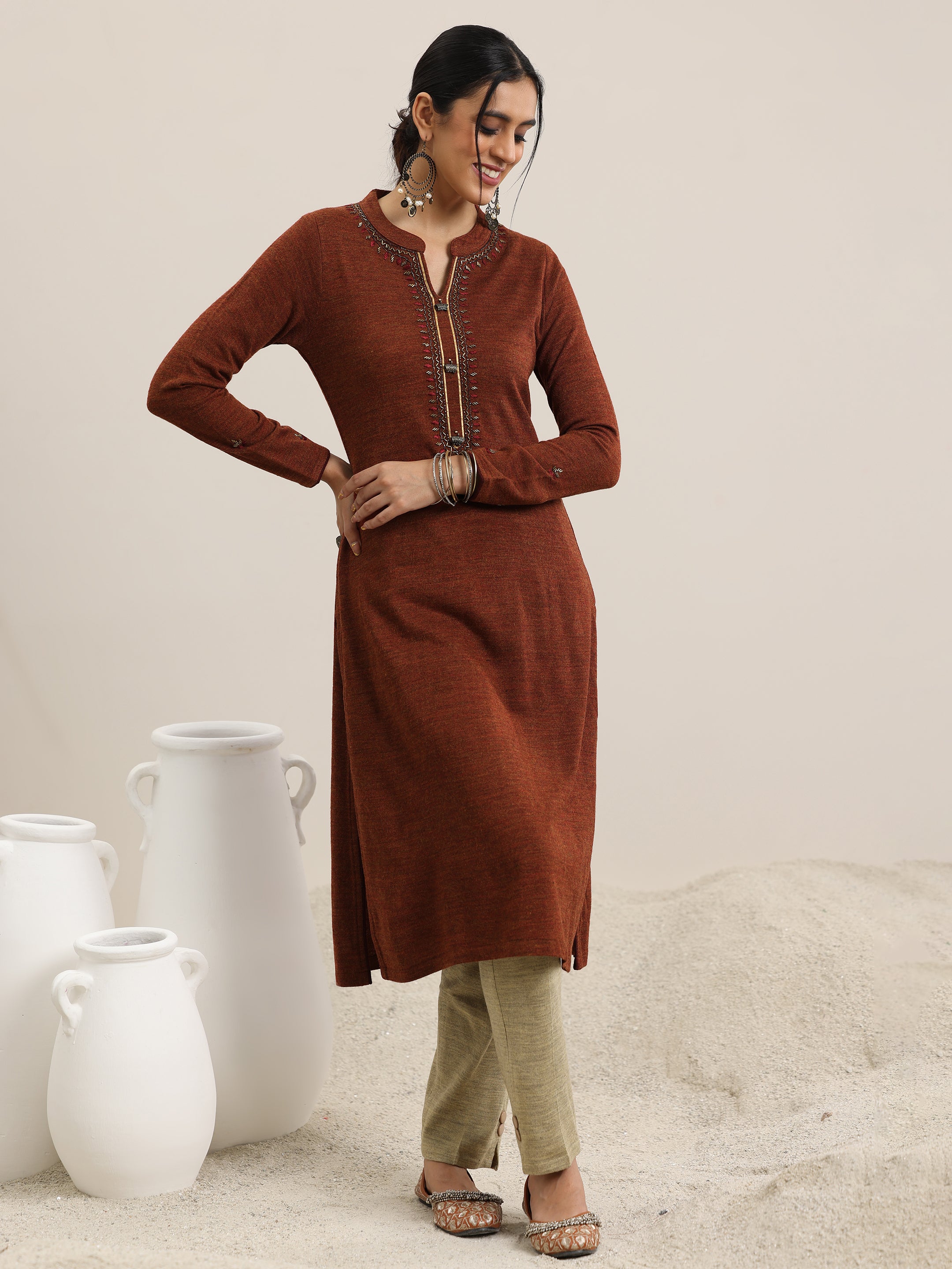 Buy Rust Yoke Design Wool Straight Kurta Online in USA at $43.00 | Libas