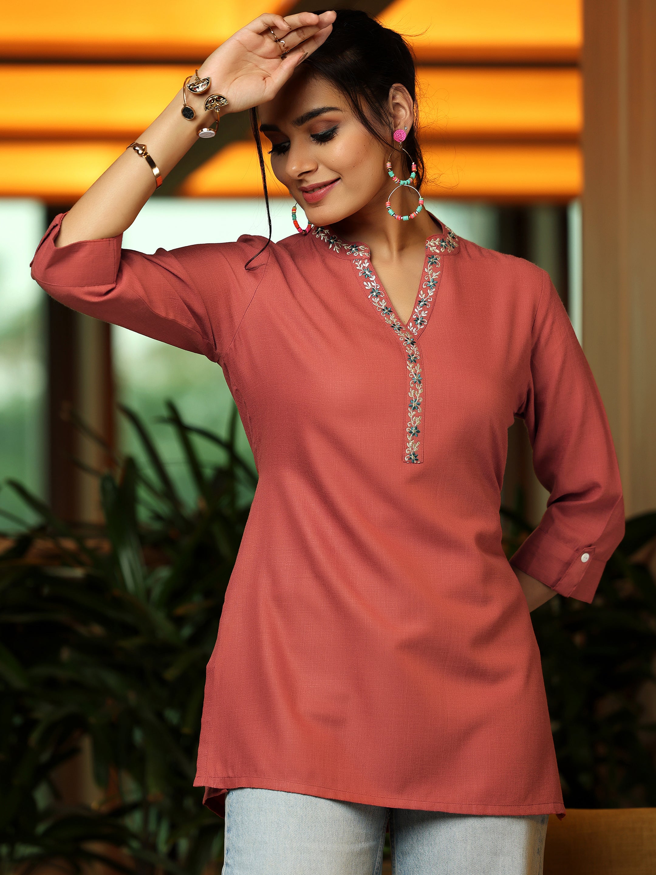 Buy Rust Solid Cotton Blend Straight Kurti Online at $17.00 | Libas