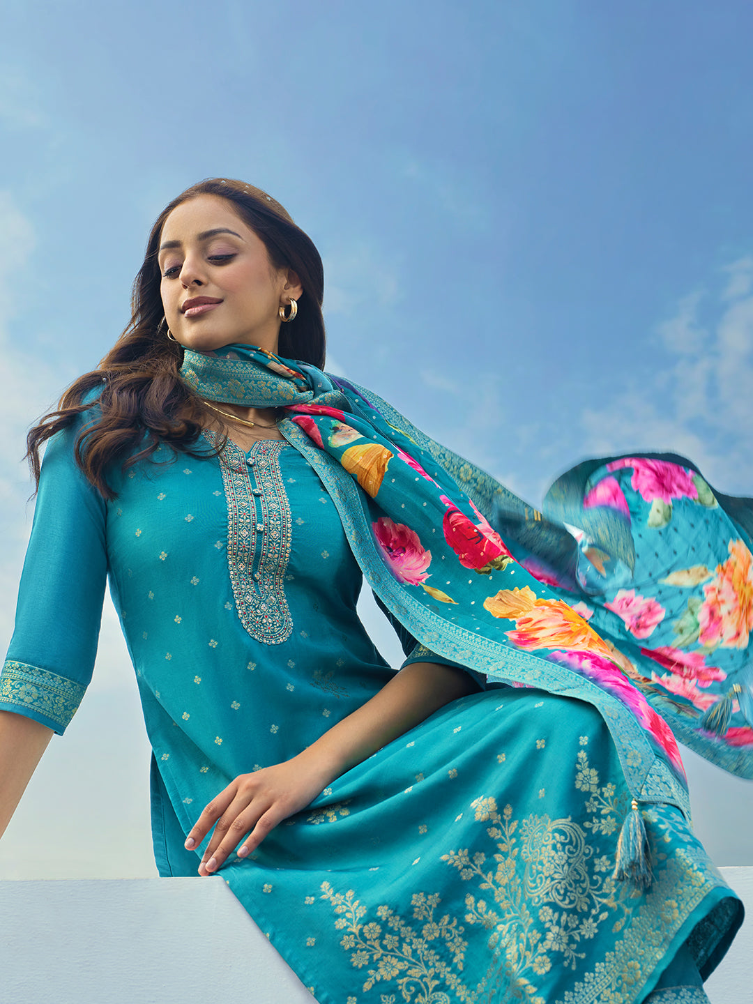 Buy Rama Woven Design Silk Blend Straight Suit Set With Dupatta Online ...